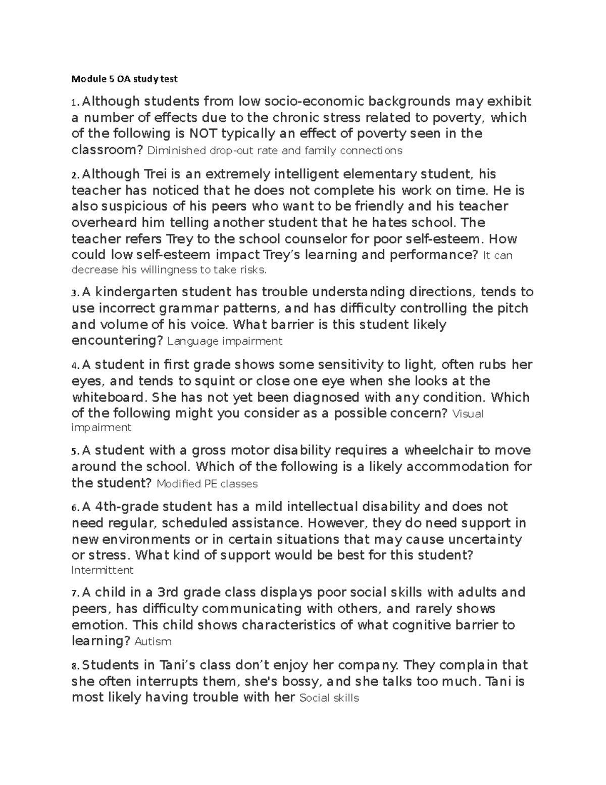 Module 5 OA test practice - Module 5 OA study test 1. Although students ...