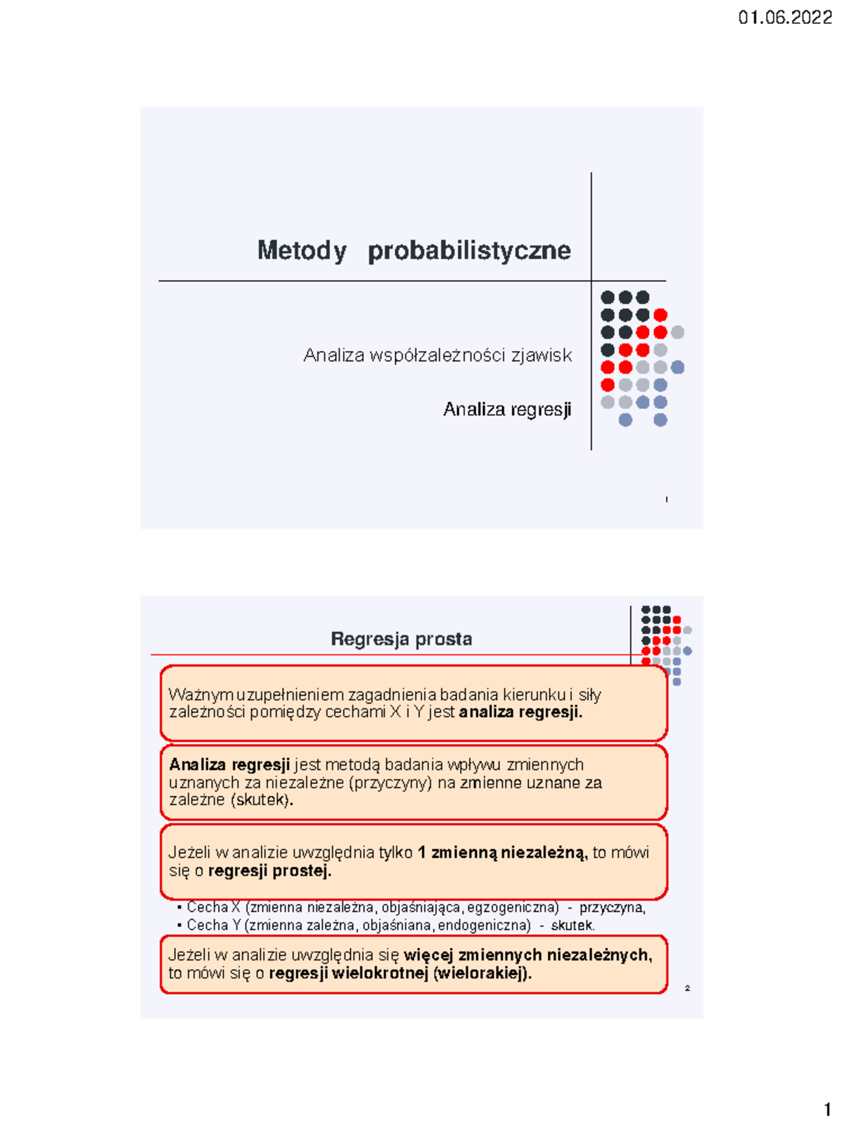MPS 11 analiza regresji 2022 - 1 Metody probabilistyczne Analiza współzależności zjawisk Analiza ...