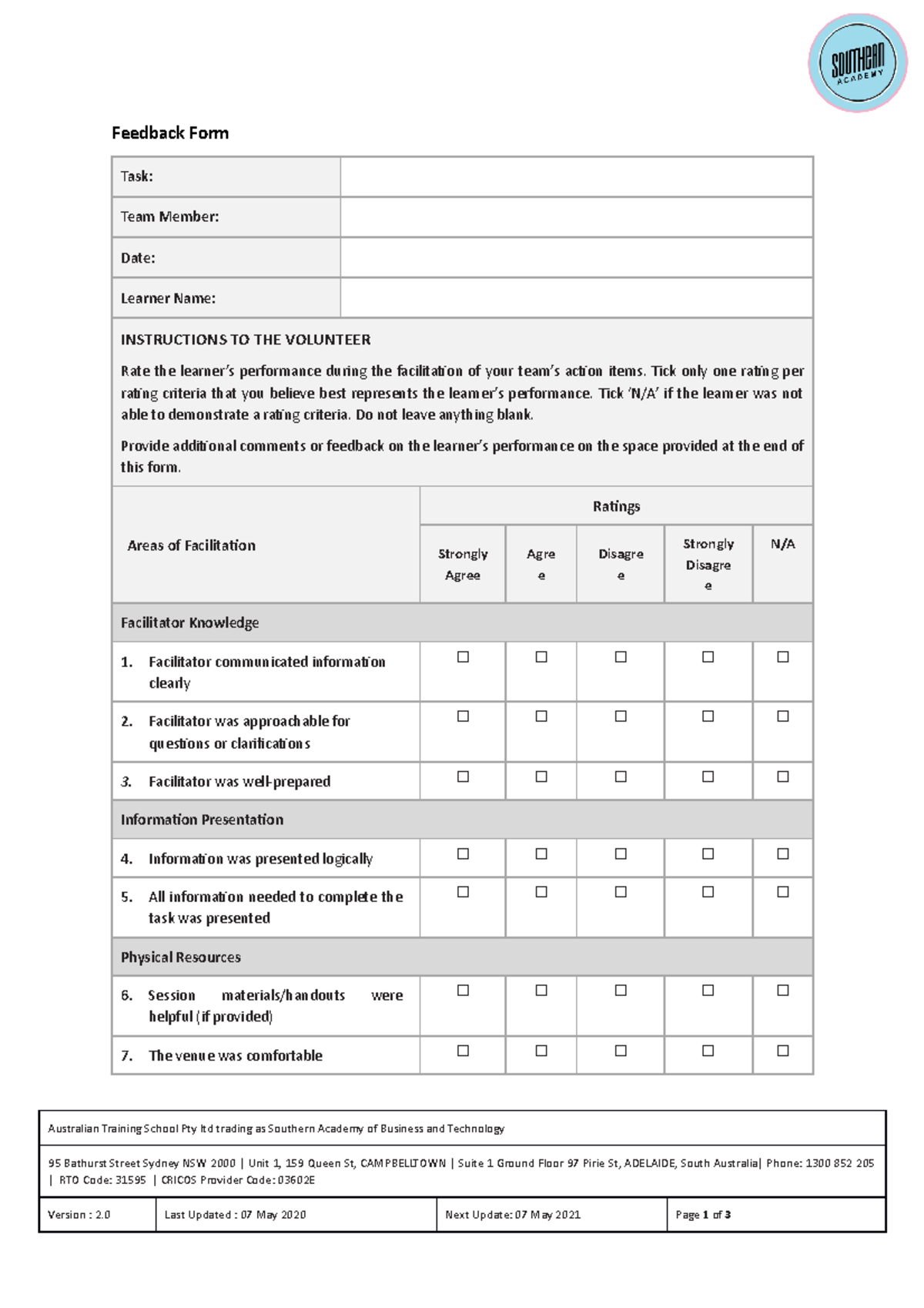 Bsbcrt 511 Feedback Form - Feedback Form Task: Team Member: Date ...