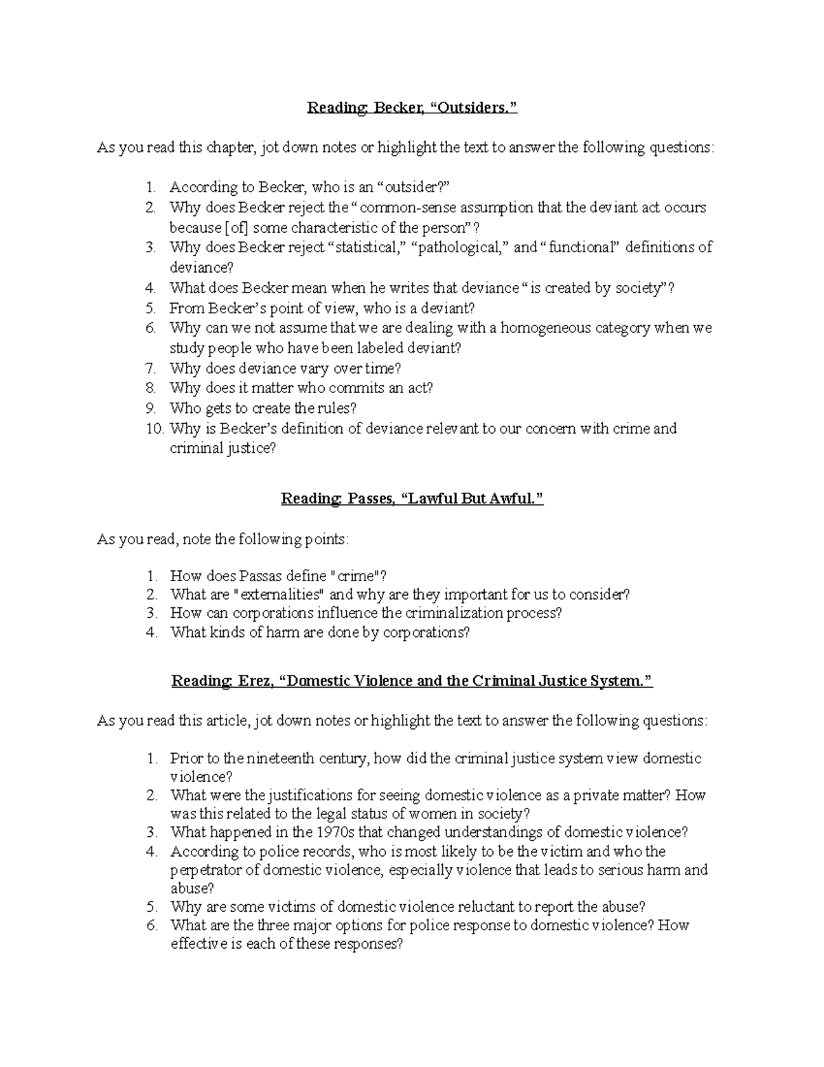 Criminology All Reading Questions [ No Answers ] - Reading: Becker ...