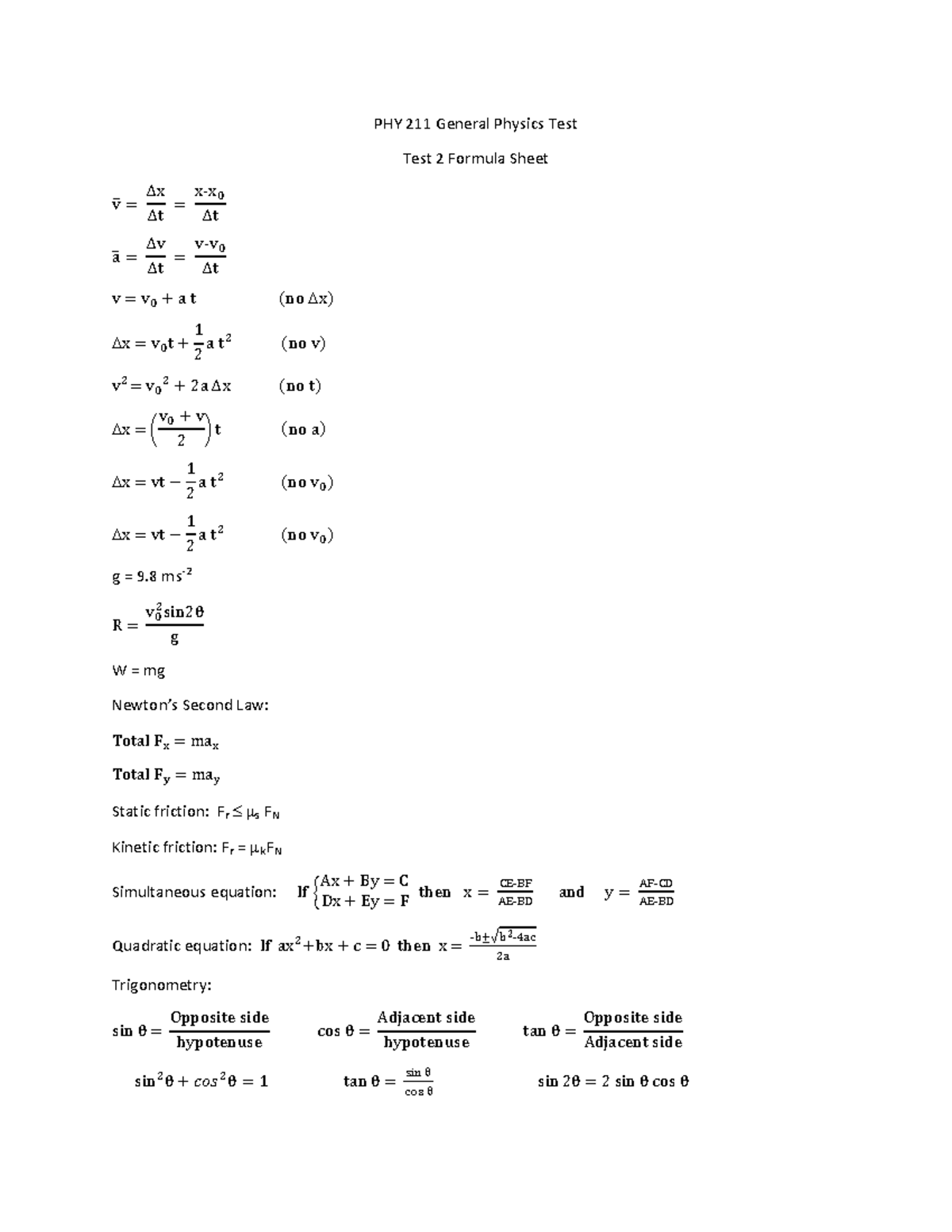 Test 2 formula sheet - PHY 211 General Physics Test Test 2 Formula ...