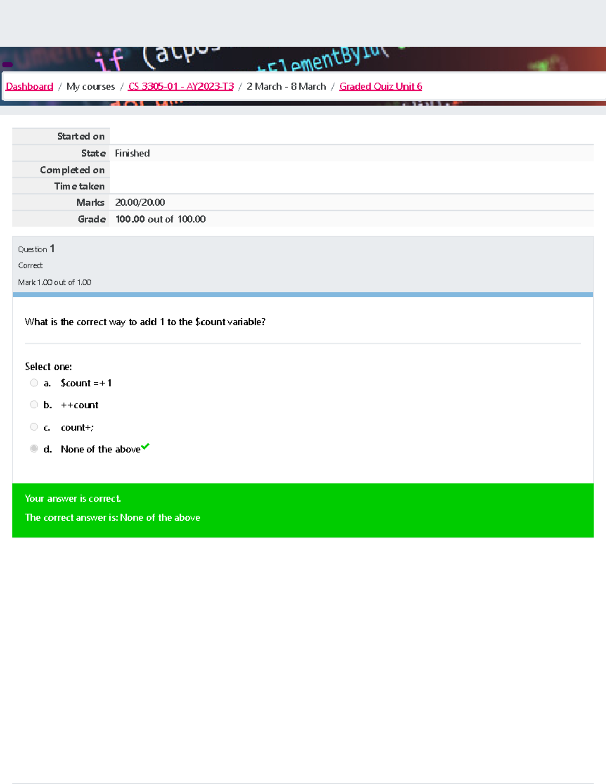 Graded Quiz Unit 6 Attempt review - Started on State Finished Completed on Time taken Marks 20/ ...