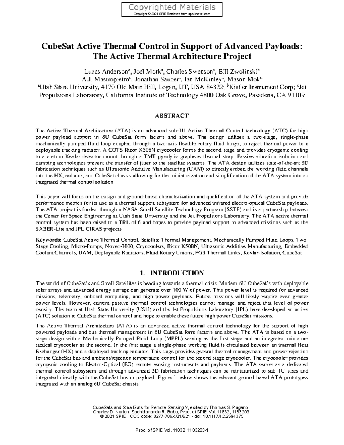Introduction - TRABAJO - CubeSat Active Thermal Control in Support of Advanced Payloads: The ...