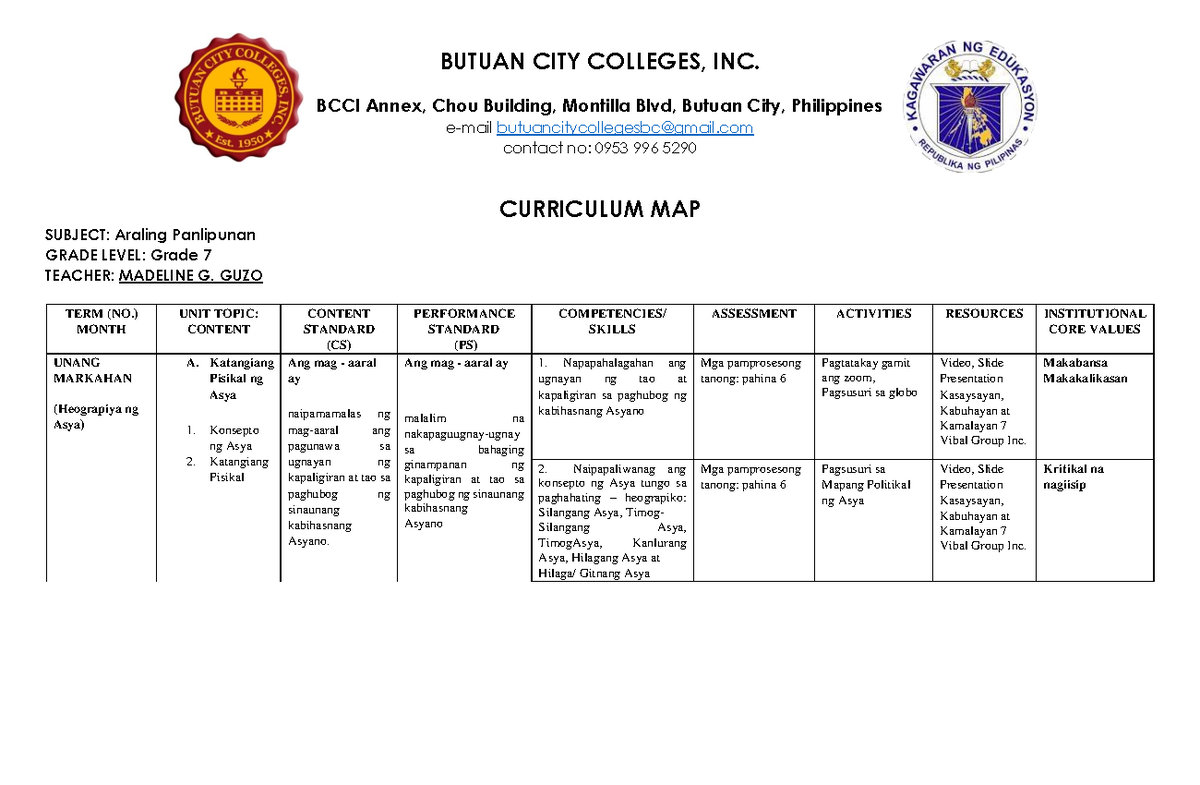 Grade 7 Curriculum MAP ARAL PAN - BCCI Annex, Chou Building, Montilla ...