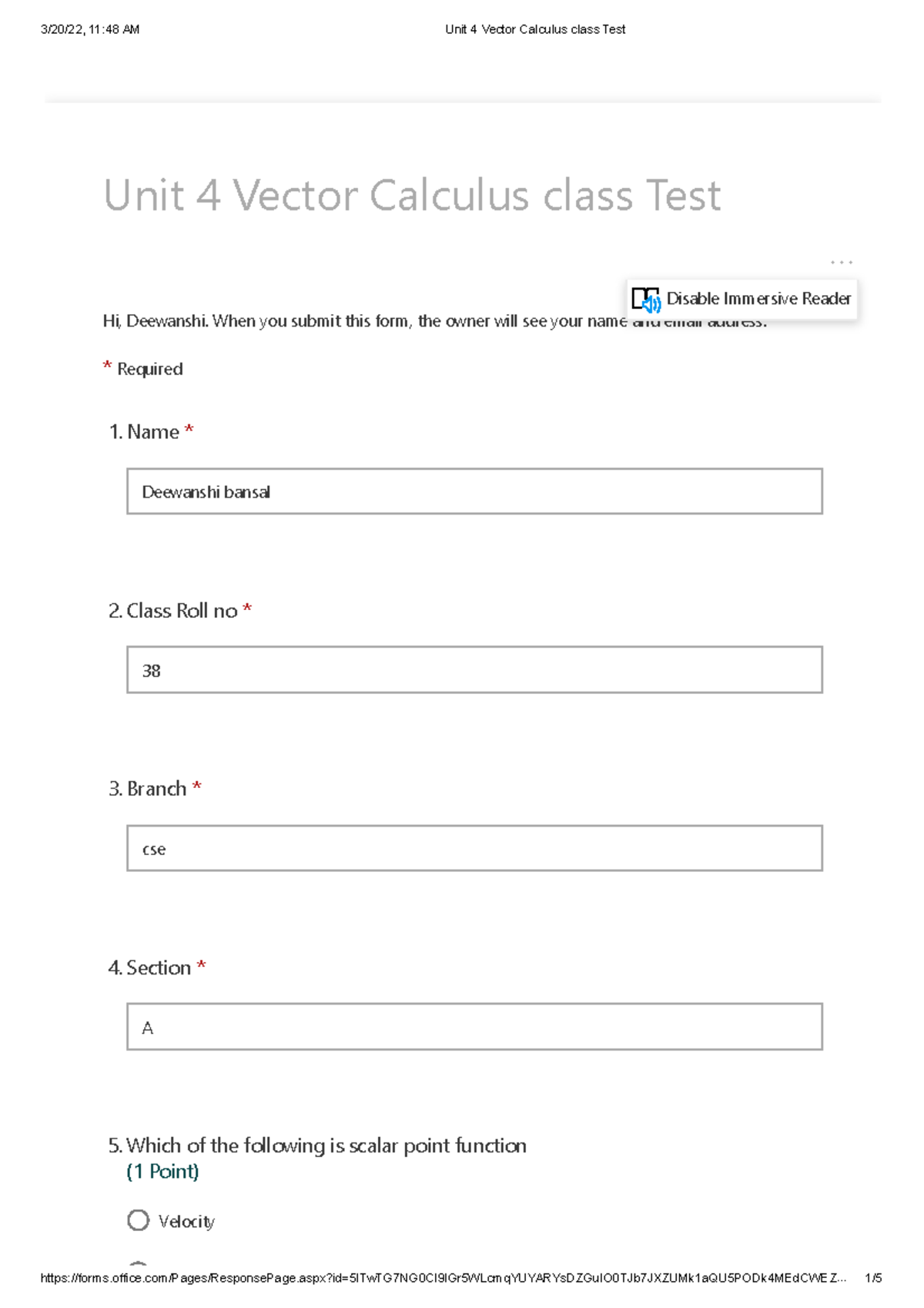 Unit 4 Vector Calculus class Test - When you submit this form, the ...