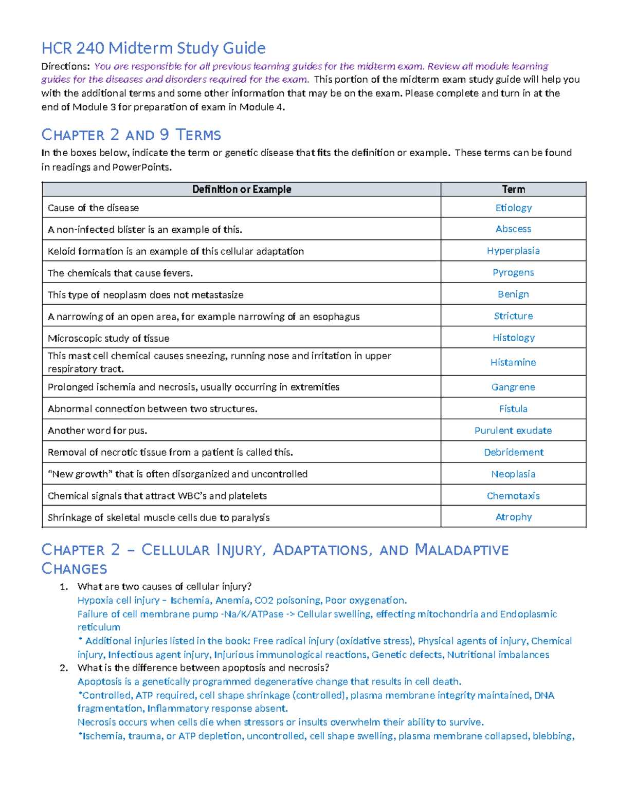 HCR 240 Module 3 Midterm Exam Study Guide - HCR 240 Midterm Study Guide ...