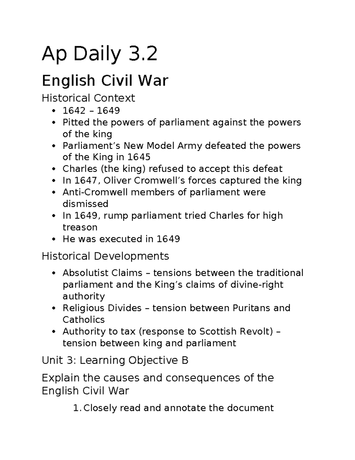 Ap Daily 3.2 Notes Euro - Ap Daily 3. English Civil War Historical ...
