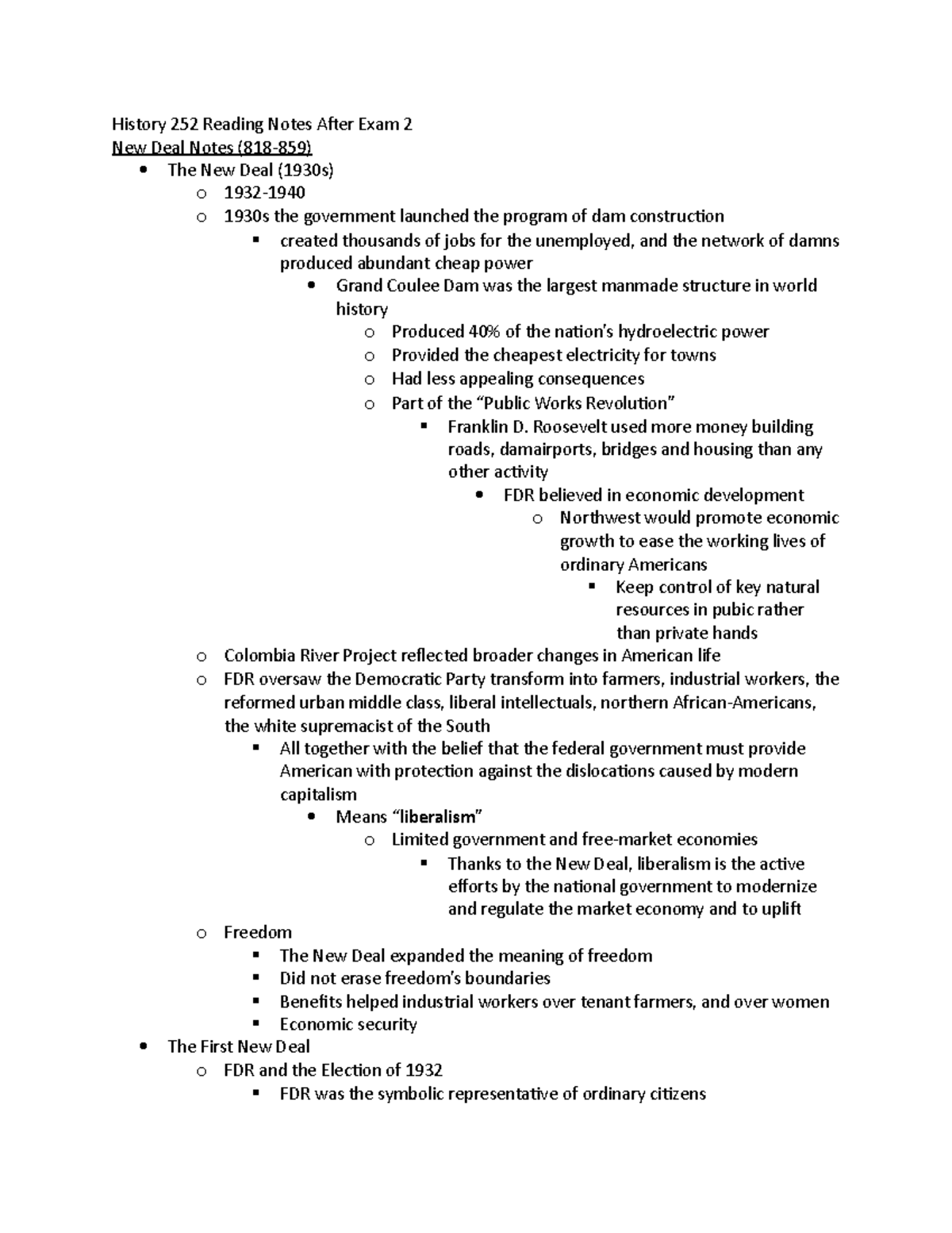 Notes after exam 2 - History 252 Reading Notes After Exam 2 New Deal ...
