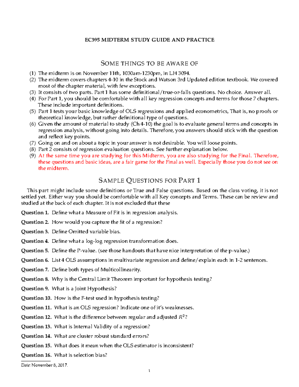 Midterm Study Guide Answers - EC395 MIDTERM STUDY GUIDE AND PRACTICE SOME THINGS TO BE AWARE OF ...
