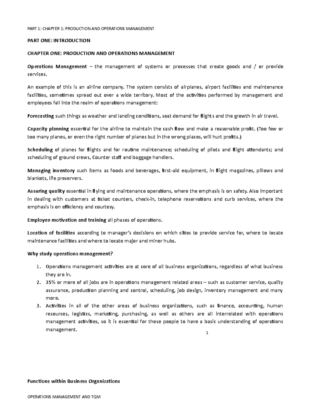 Operations and Management (Chapter 1) - 1 PART ONE: INTRODUCTION ...