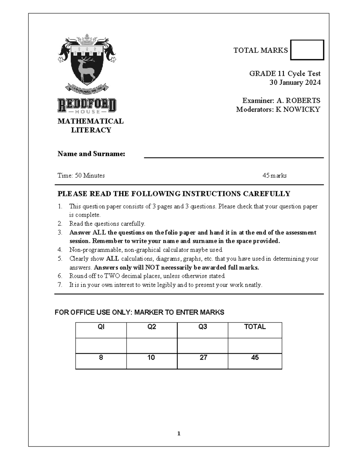 2024 Probability Test Final - 1 TOTAL MARKS GRADE 11 Cycle Test 30 ...