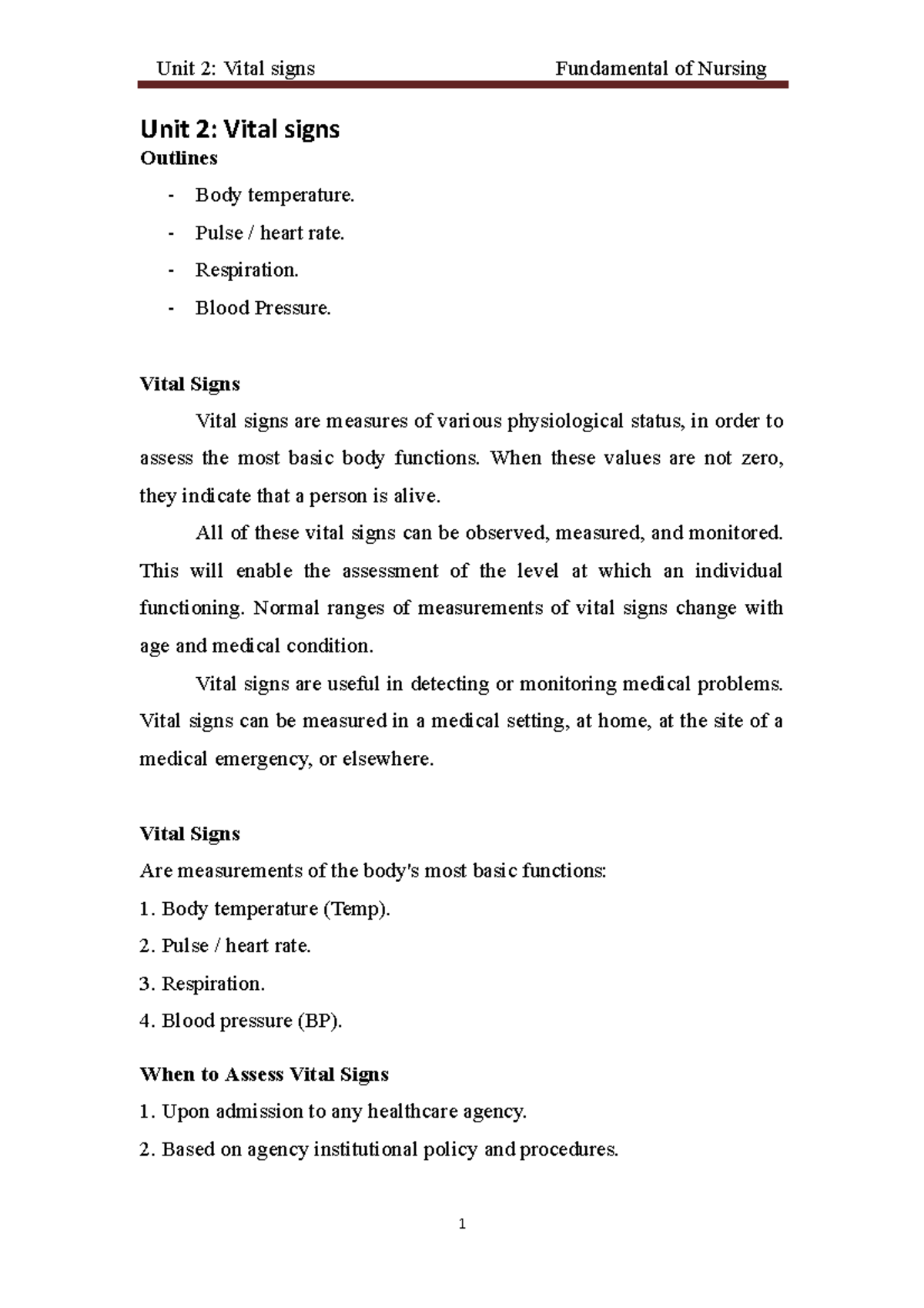 Unit 2 Vital signs (1) - Unit 2: Vital signs Outlines - Body ...
