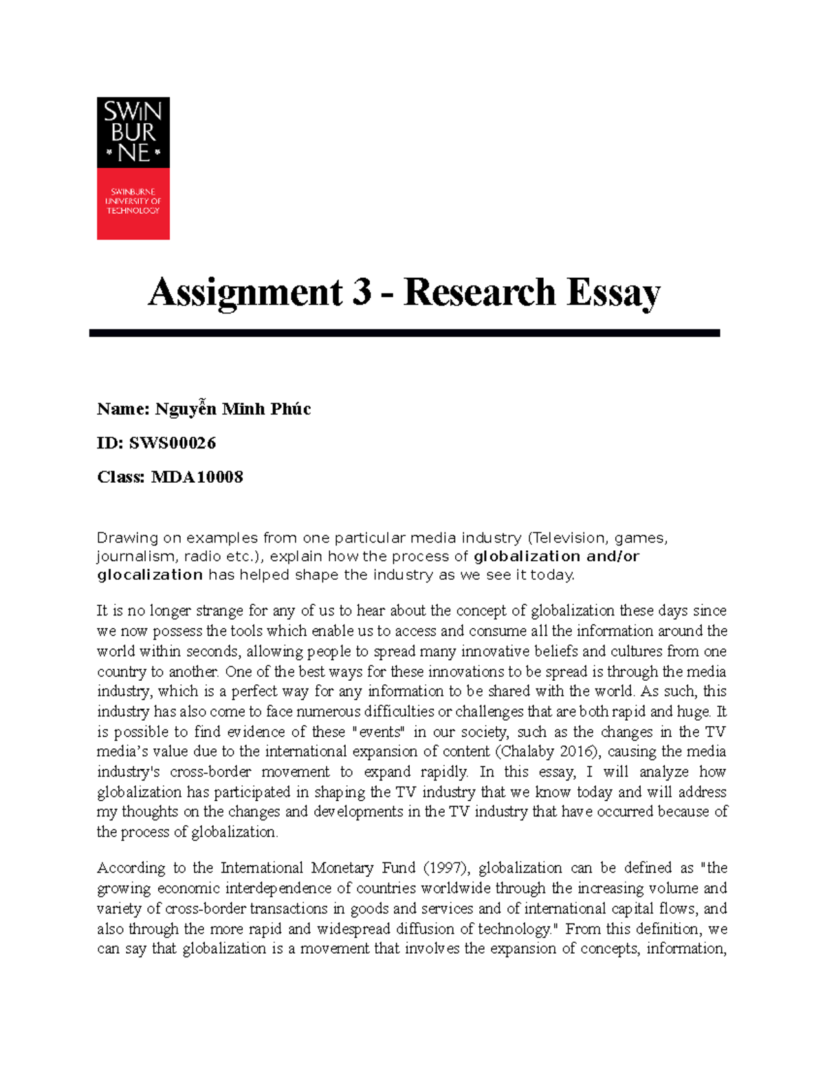 Assessment TASK 3 - Research Essay - Assignment 3 - Research Essay Name ...
