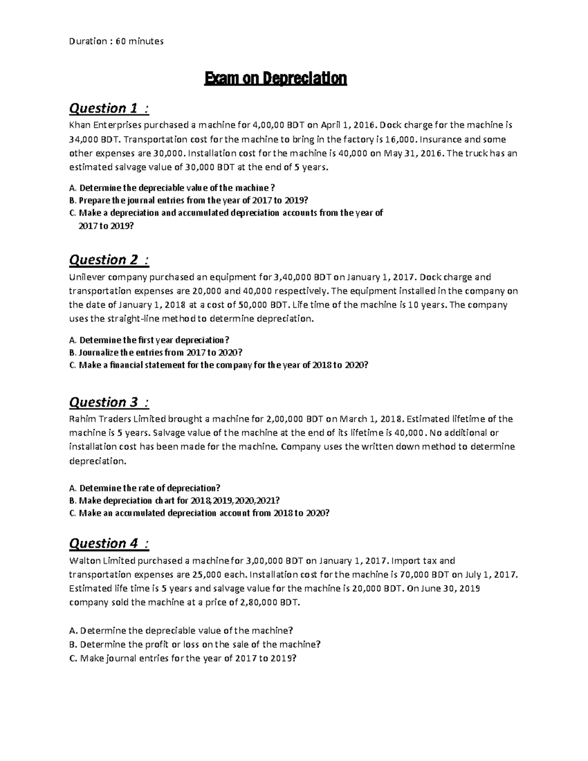 Depreciation 1 - Duration : 60 minutes Exam on Depreciation Question 1 ...