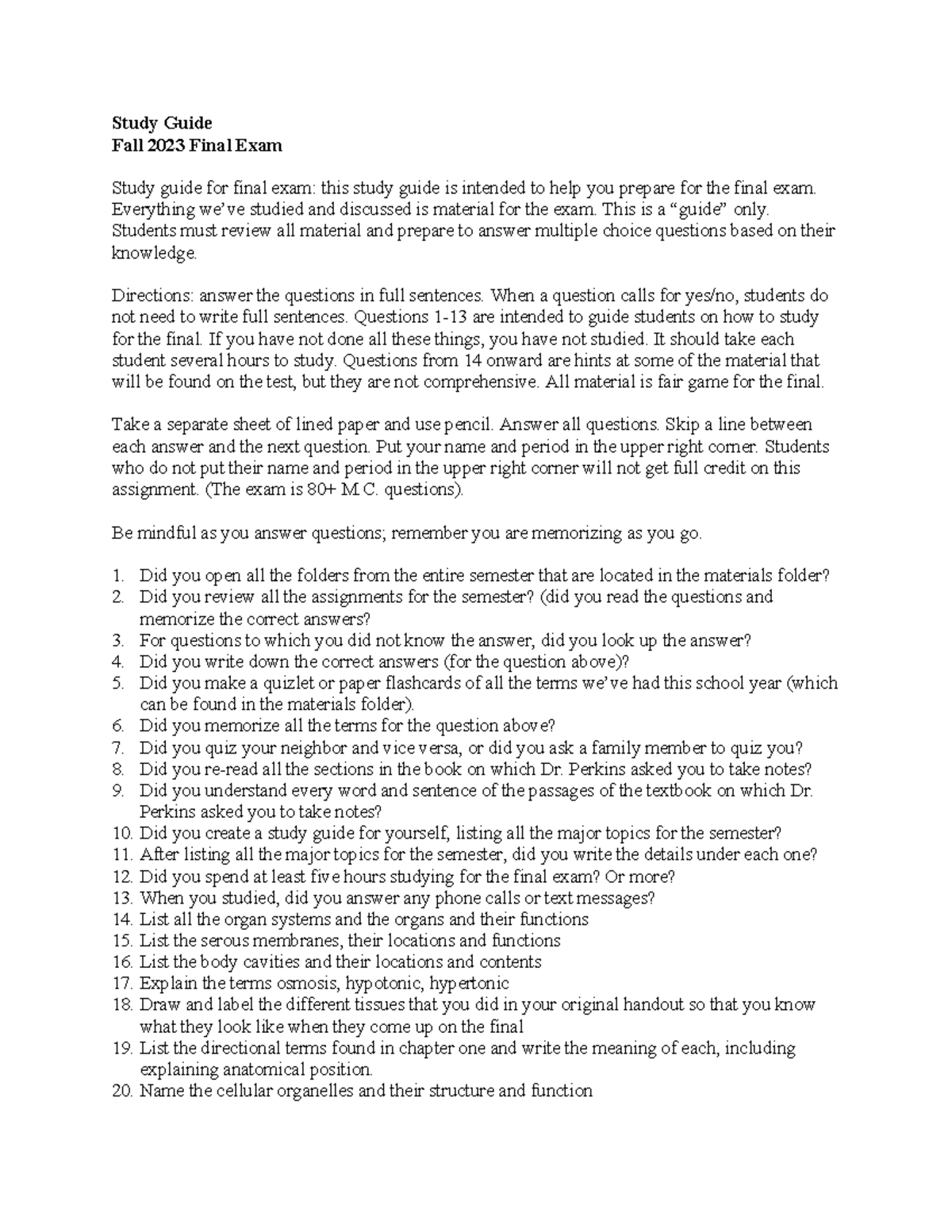 Study guide-final exam F23 - Study Guide Fall 2023 Final Exam Study ...