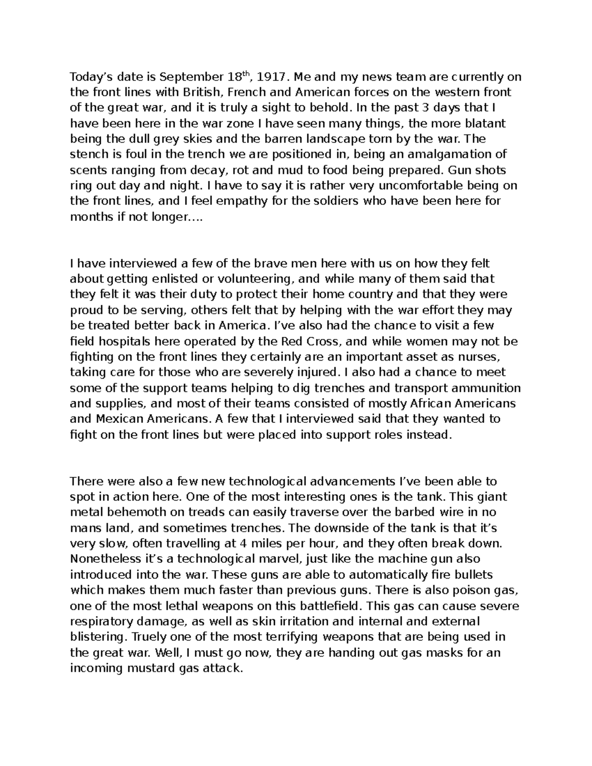 3.05 history assignment - Today’s date is September 18th, 1917. Me and ...