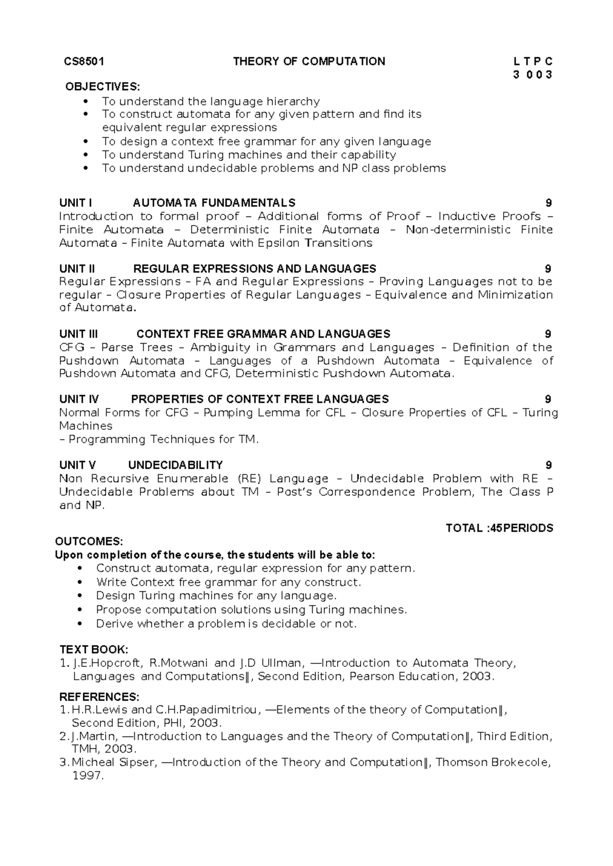 Cs8501 Syllabus Cs8501 Theory Of Computation L T P C 3 0 0 3 Objectives To Understand The