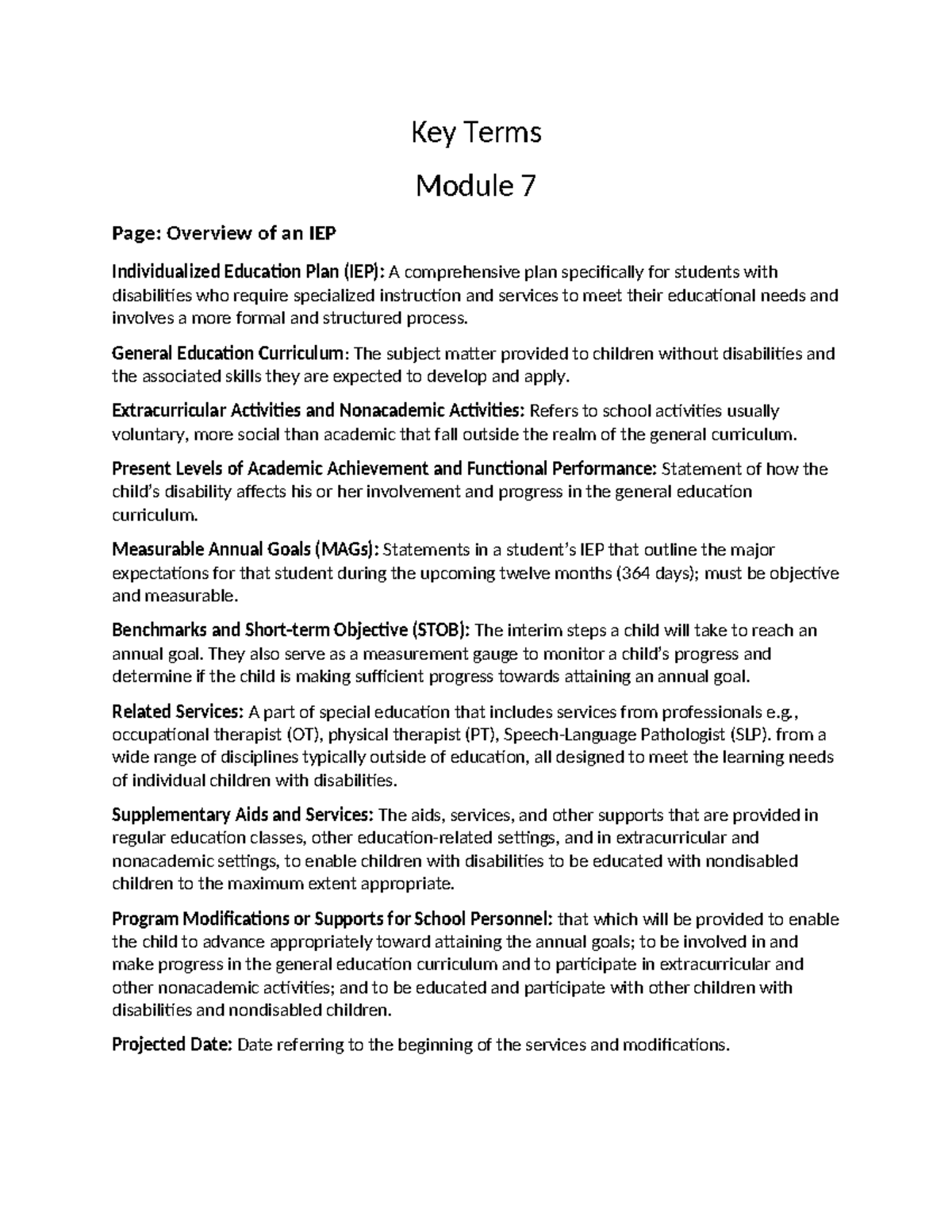 Key Terms Module 7 - Key Terms Module 7 Page: Overview of an IEP ...