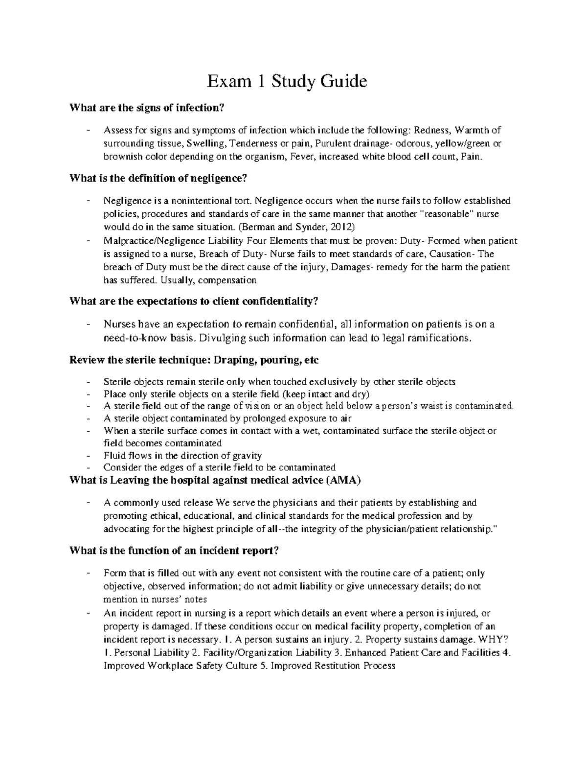 Exam 1 Study Guide - Exam 1 Study Guide What are the signs of infection ...
