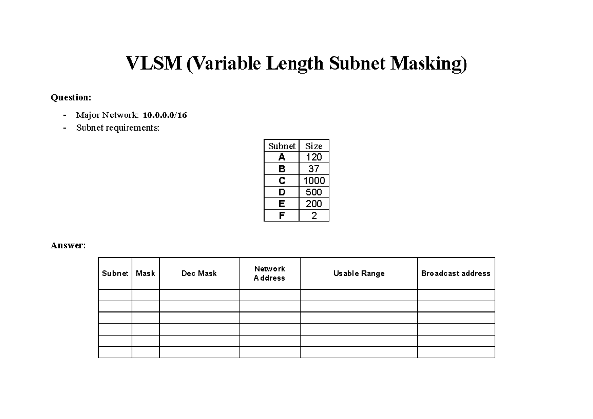 VLSM easy v2 - VLSM (Variable Length Subnet Masking) Question: - Major Network: 10.0.0/ - Subnet ...