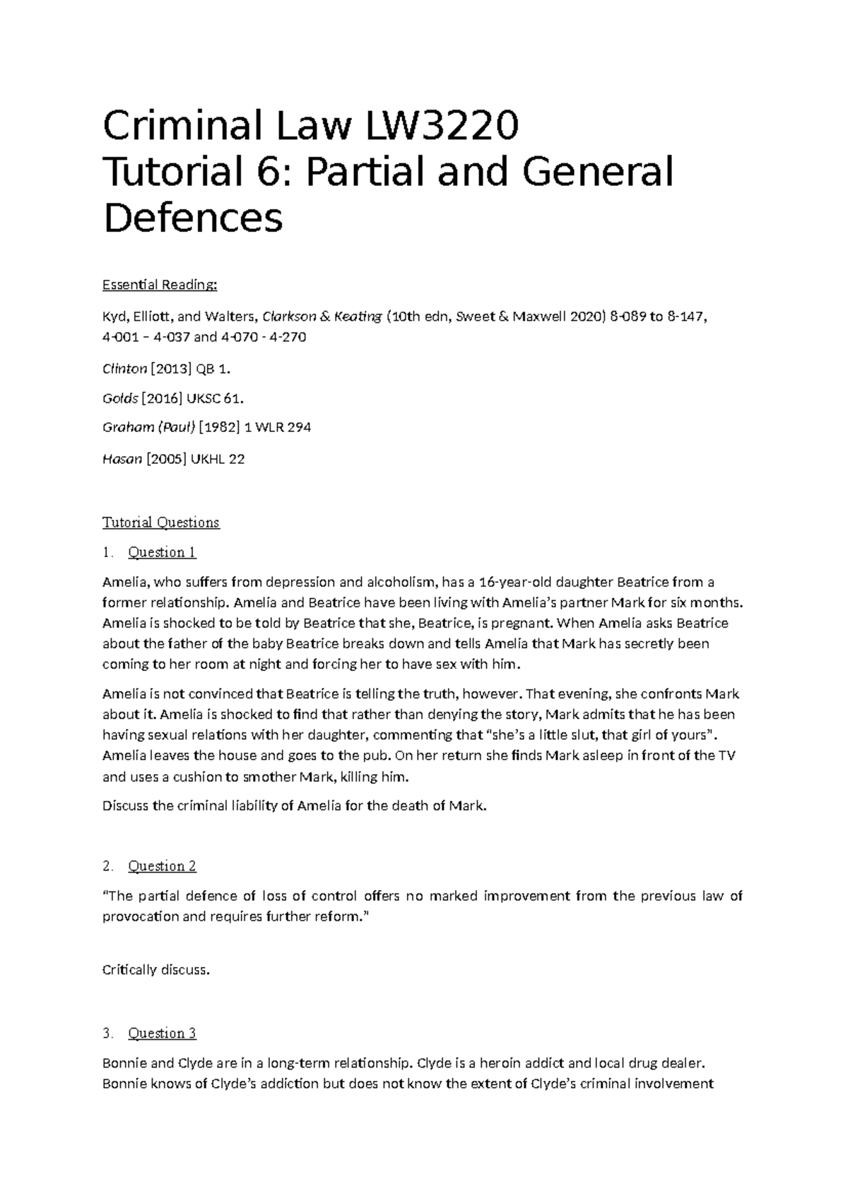 Tutorial 6 LW3220 - Criminal Law LW Tutorial 6: Partial and General ...
