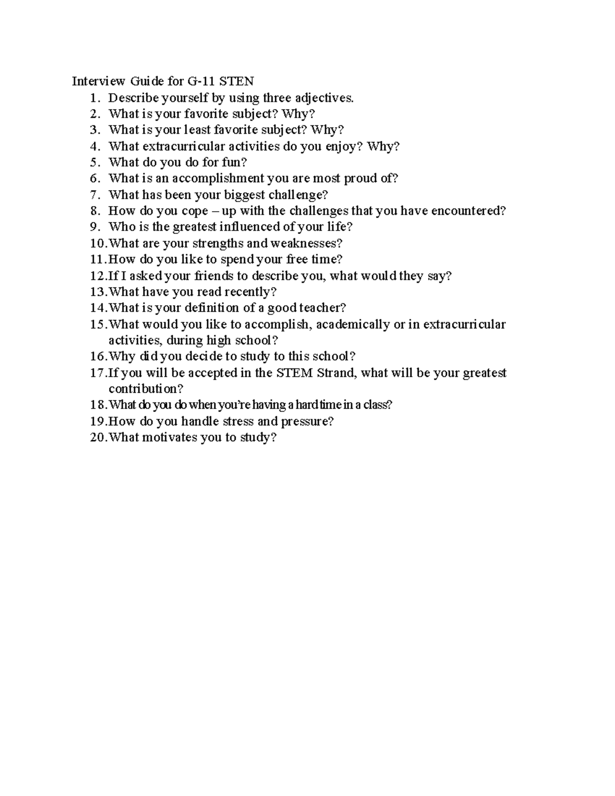 Interview Guide for STEM - Interview Guide for G-11 STEN 1. Describe ...