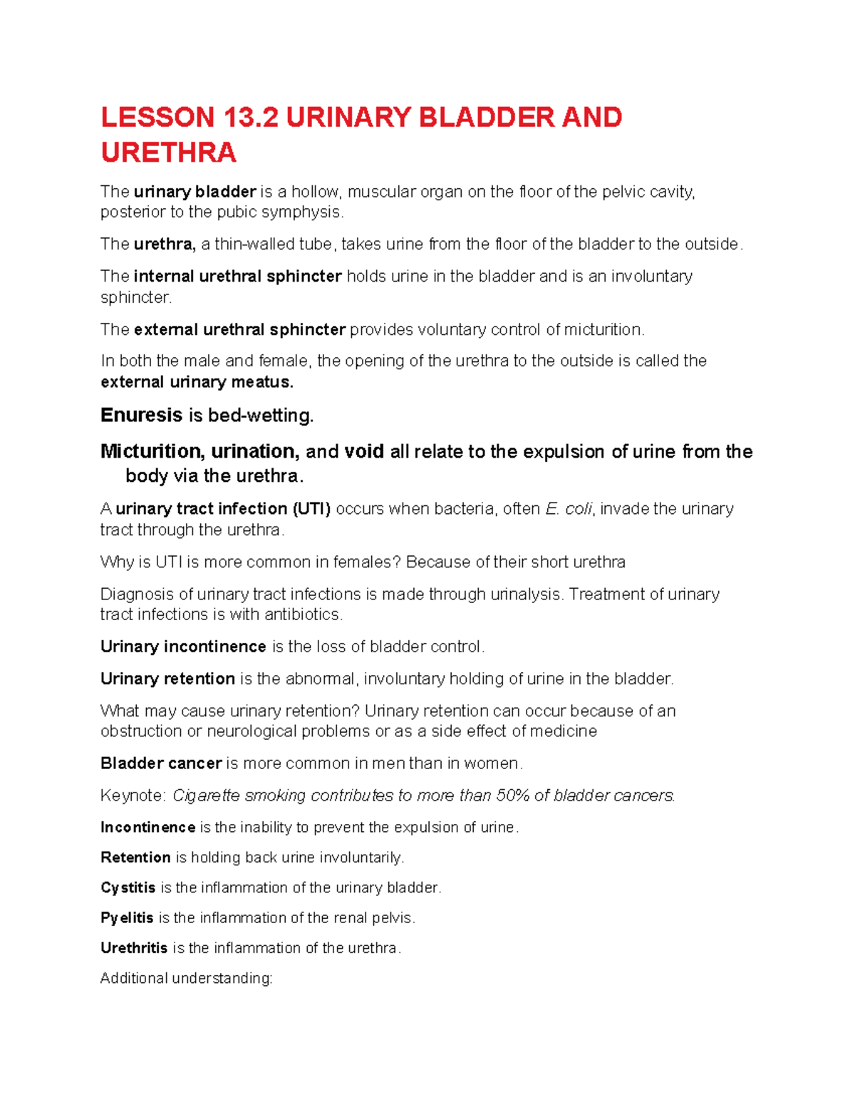 Lesson 13.2 Urinary Bladder AND Urethra - LESSON 13 URINARY BLADDER AND ...