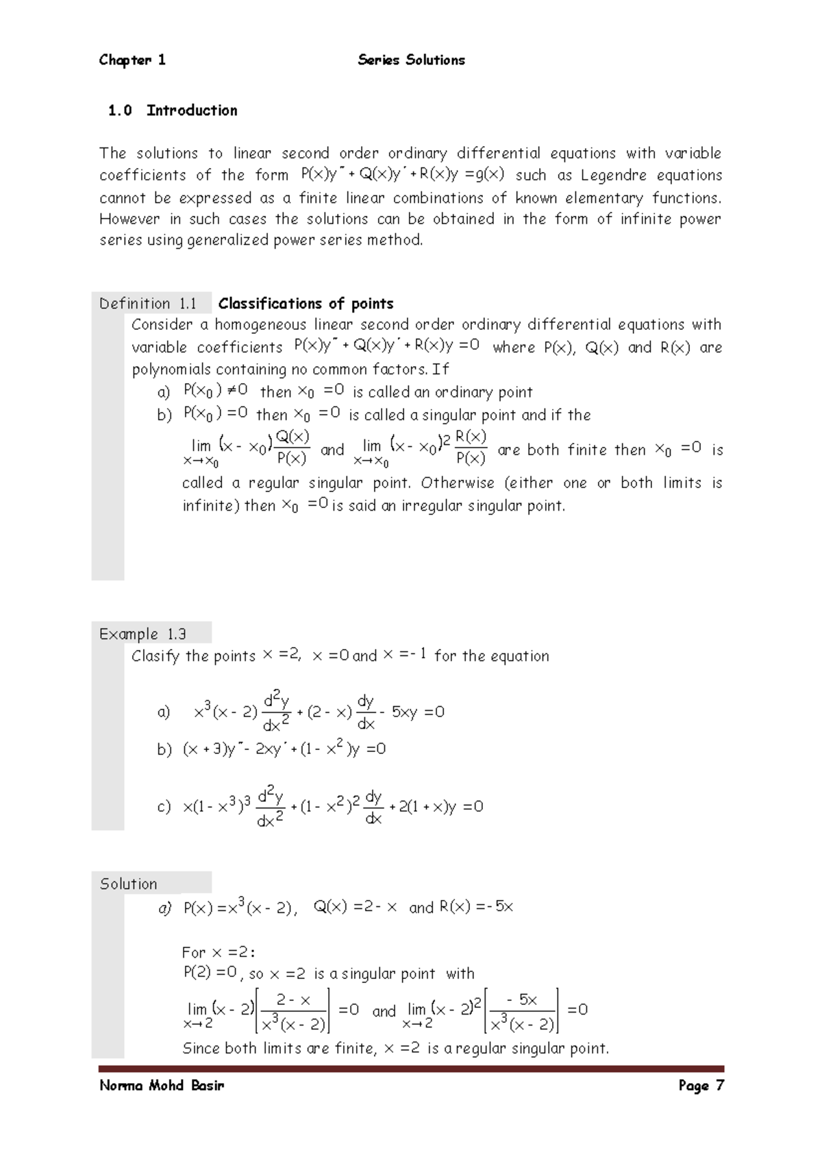 Series solution 2- classification of points - 1 Introduction The ...