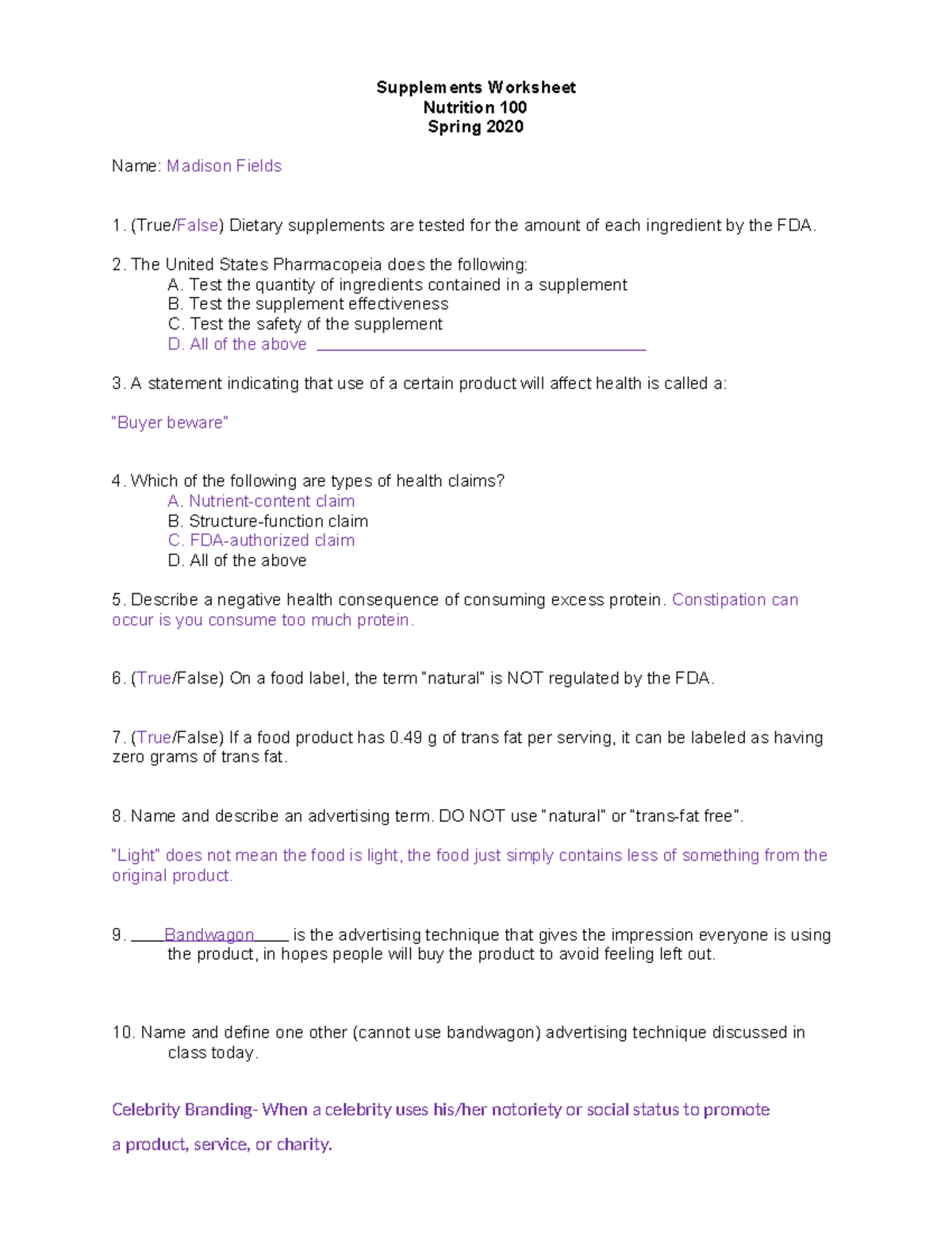6 Supplements Worksheet S2020 - Supplements Worksheet Nutrition 100 ...