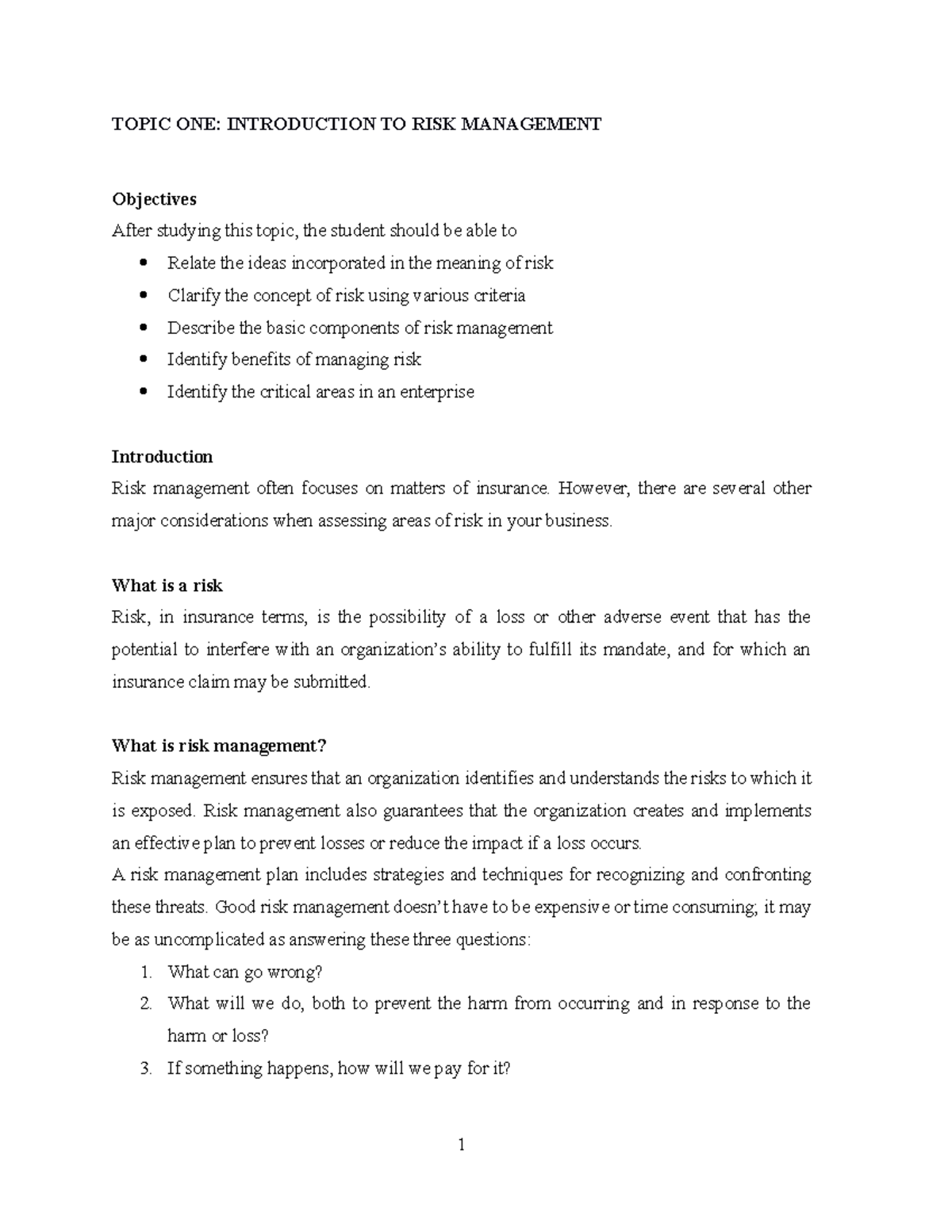 Buss 043 MAIN Notes - TOPIC ONE: INTRODUCTION TO RISK MANAGEMENT ...