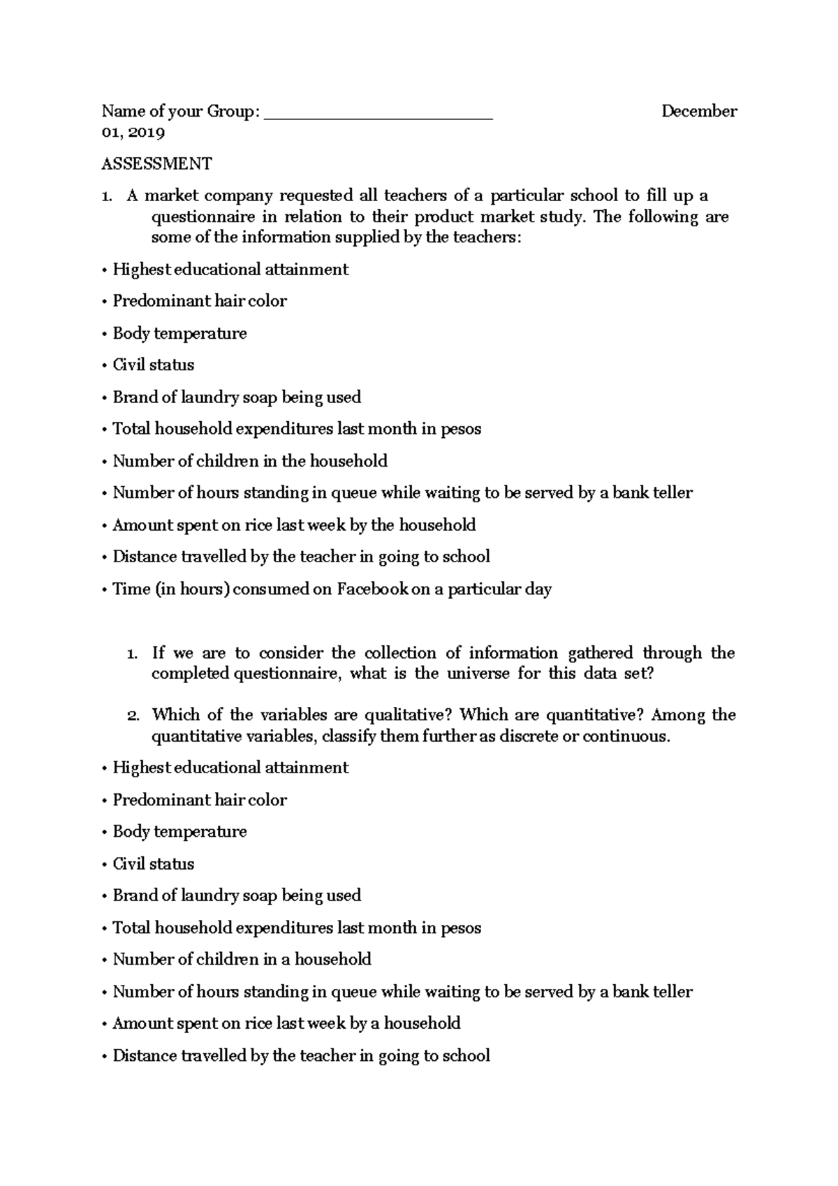 Activity - Practice test - Name of your Group ...