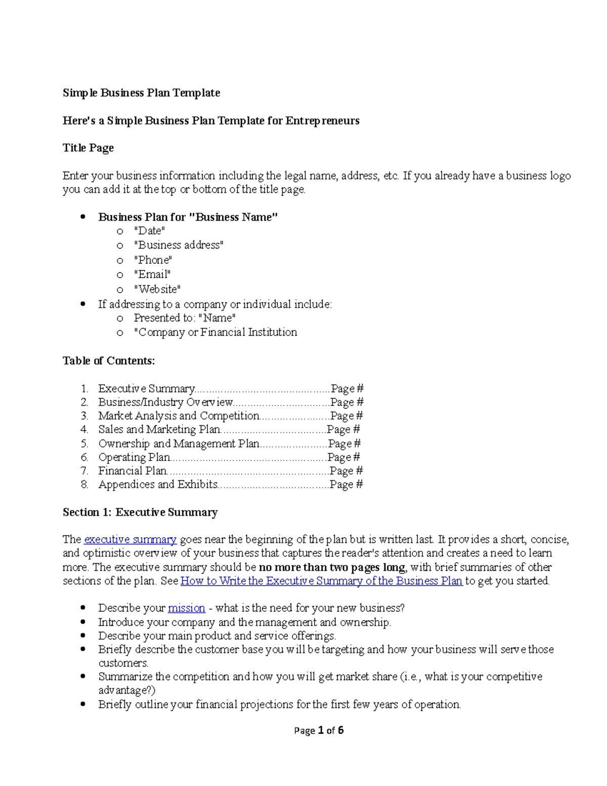 Simple Business Plan Template-for entrepreneurs fn reader to understand ...