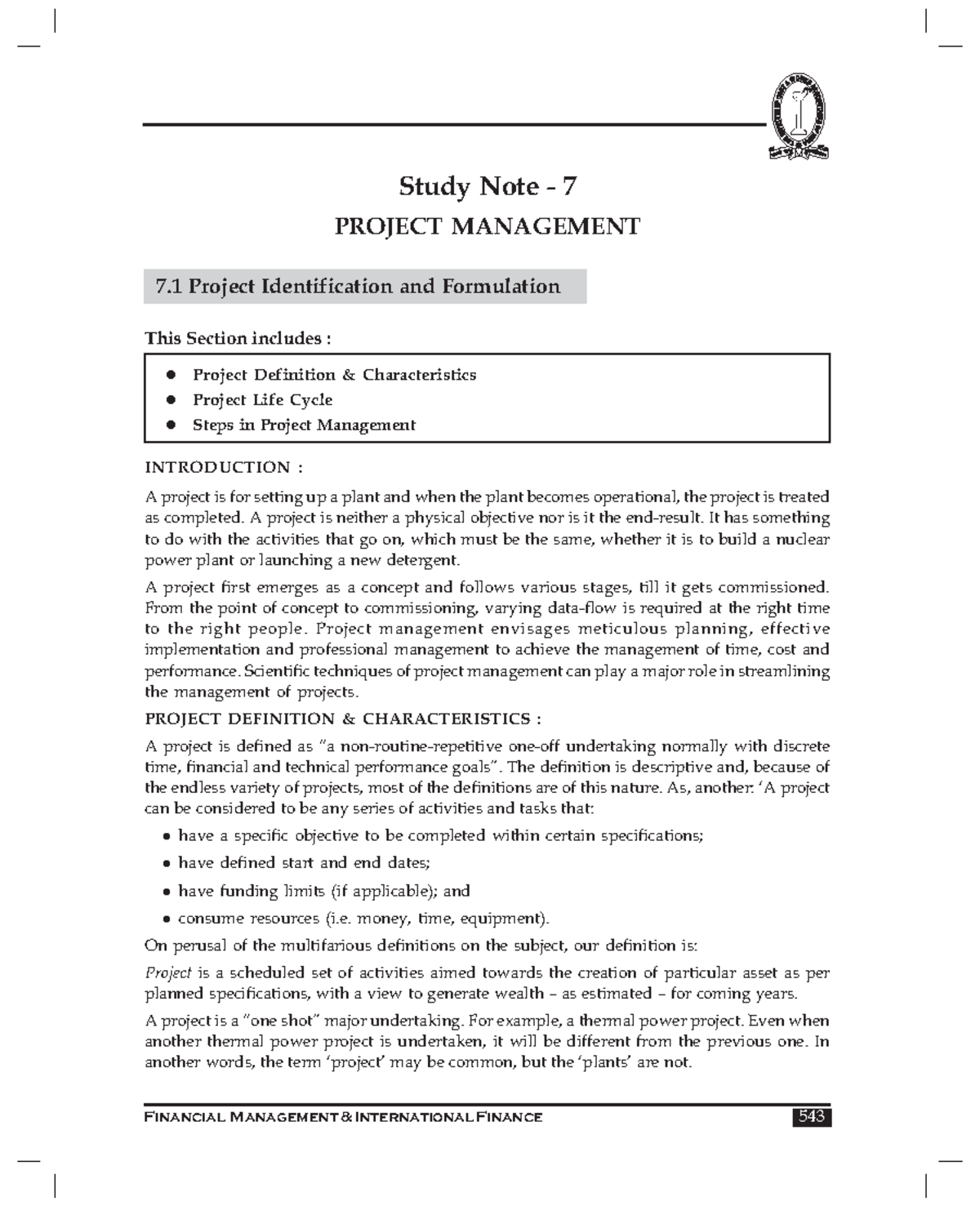 Financial Management studynote 7 - Study Note - 7 PROJECT MANAGEMENT 7 ...