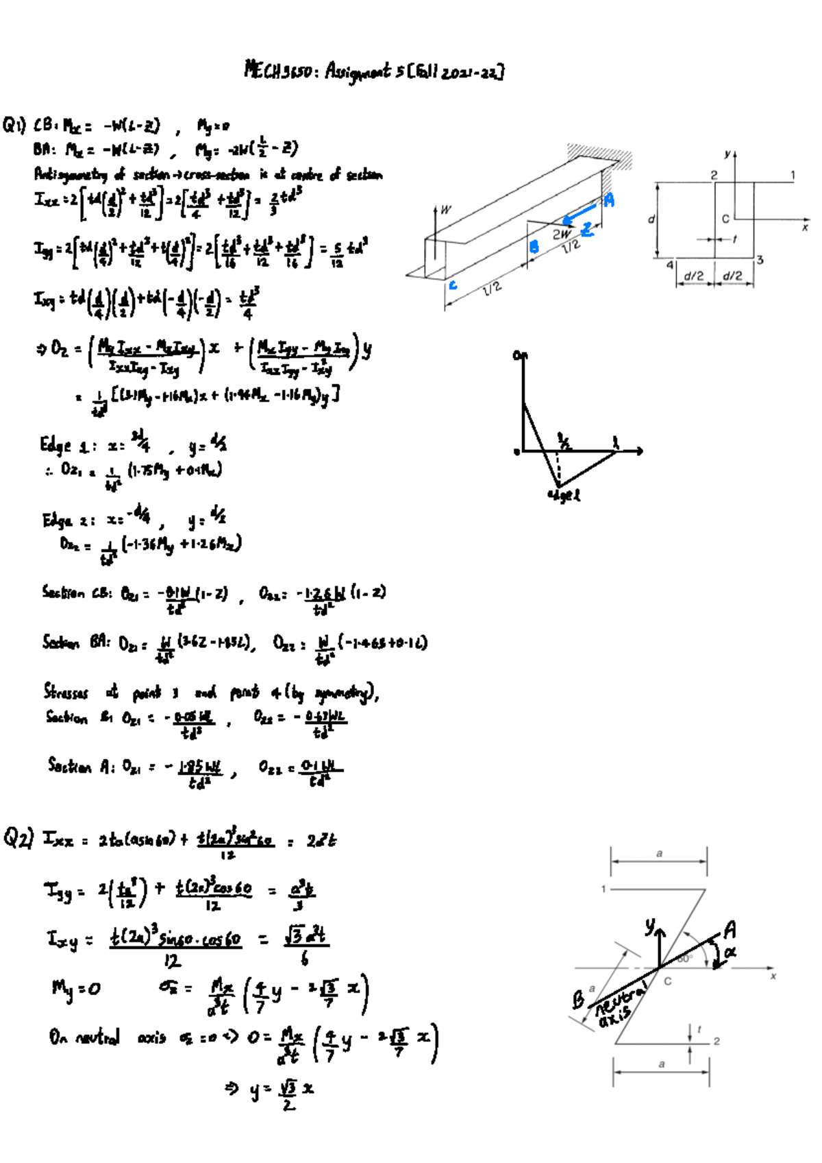 MECH3650 Assignment 5 Solutions - MECH 3650 : Assignments [ Fall 2021-22] Q1) CB : Mx = - WIL ...