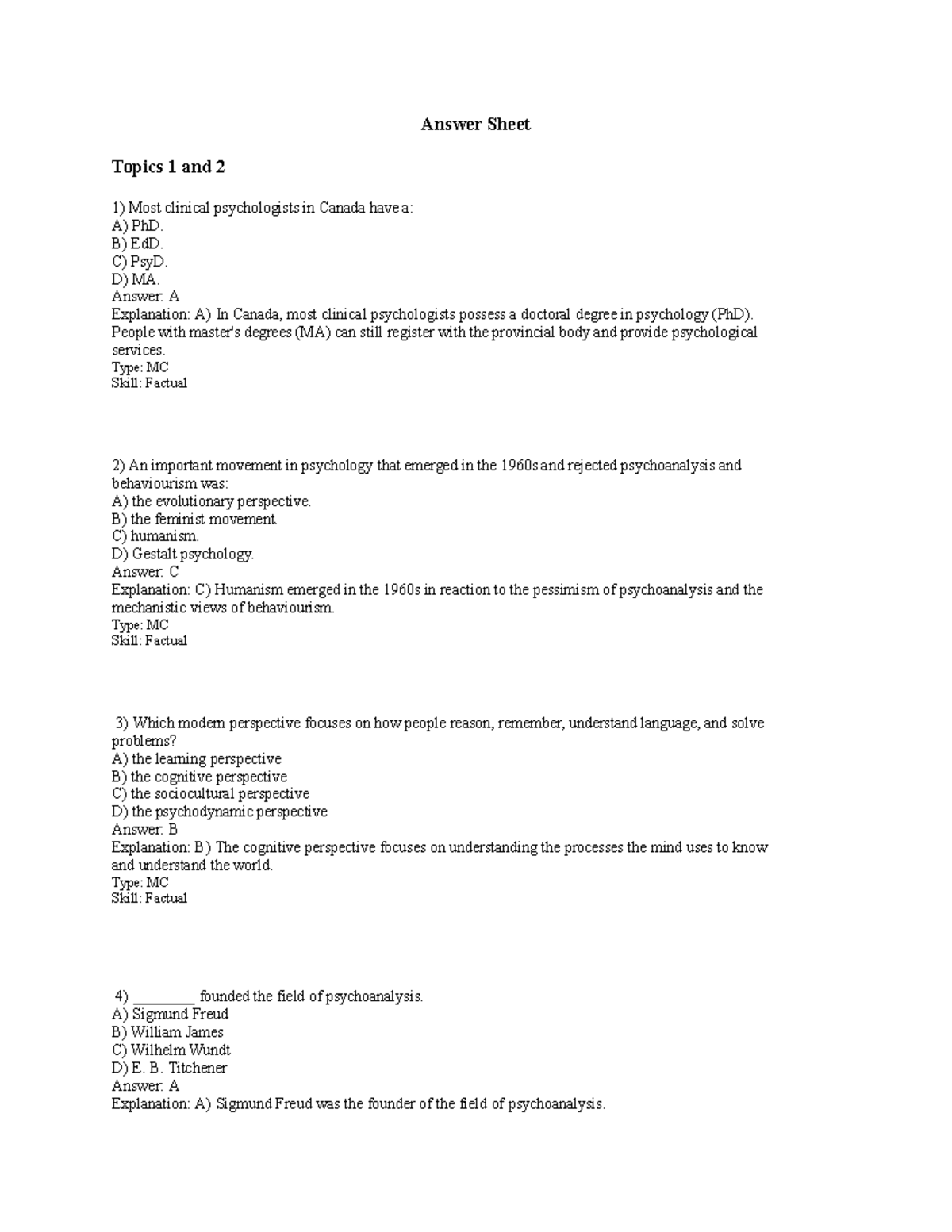 Psych 120 Finals - Final Exam Review - Answer Sheet Topics 1 and 2 Most ...