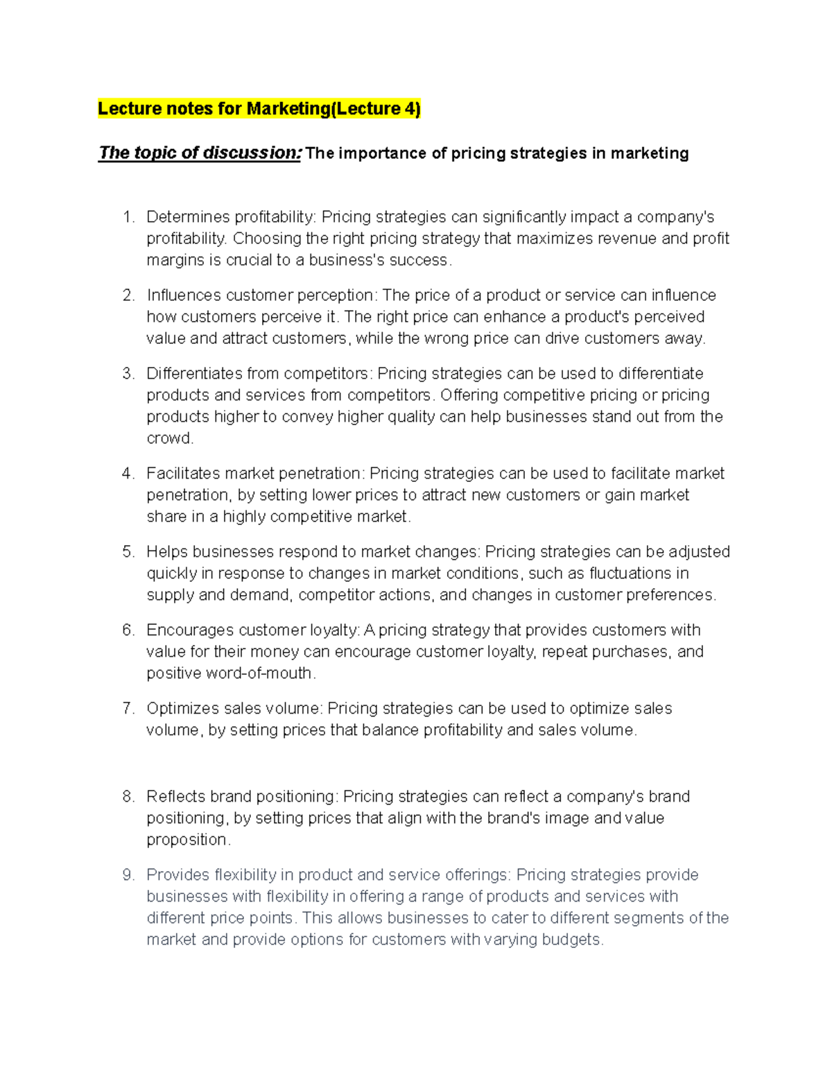 Lecture notes for Marketing(Lecture 4) - Choosing the right pricing ...