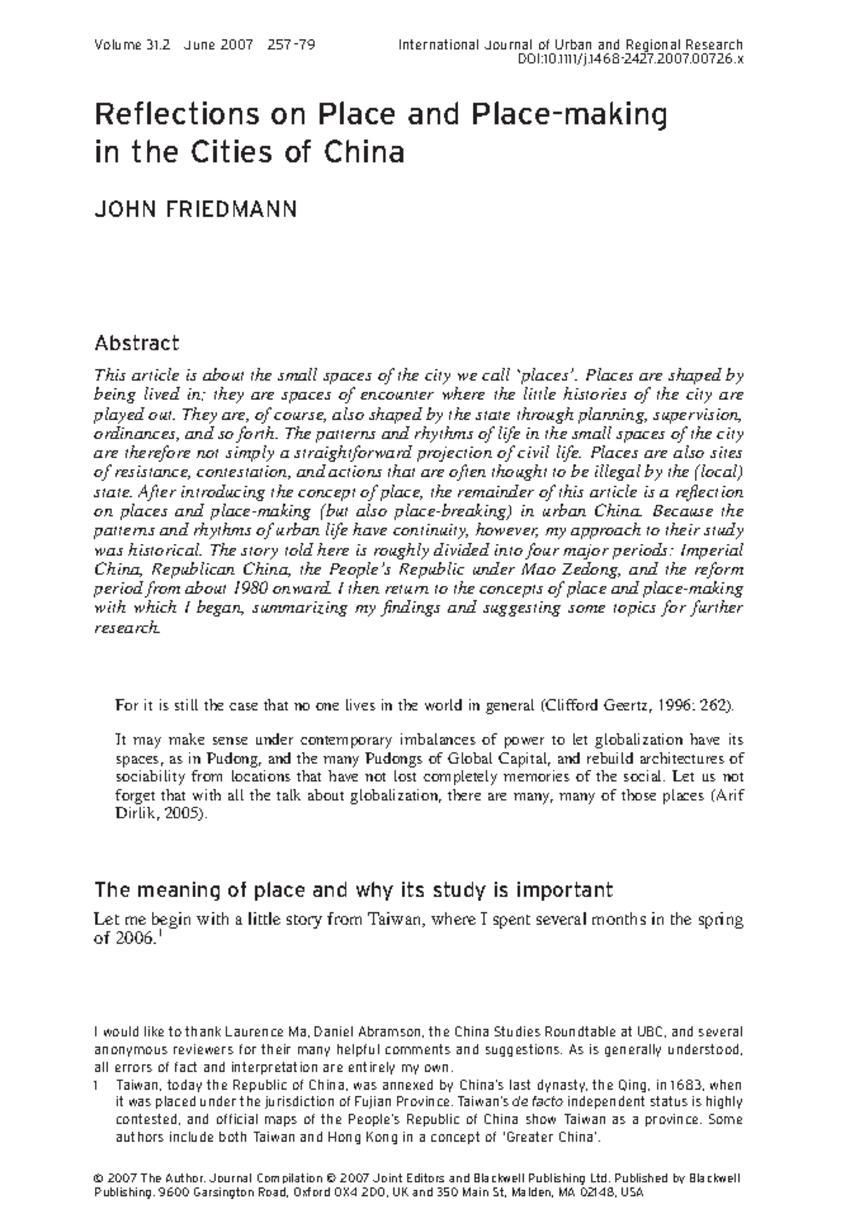 Friedmann, John (2007 ) Reflections on Place and Place-making in the ...