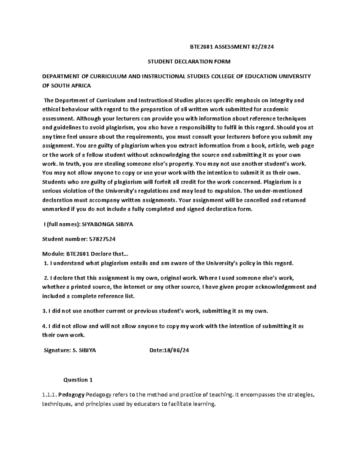 BPT - assignment - BTE2601 ASSESSMENT 02/ STUDENT DECLARATION FORM DEPARTMENT OF CURRICULUM AND ...