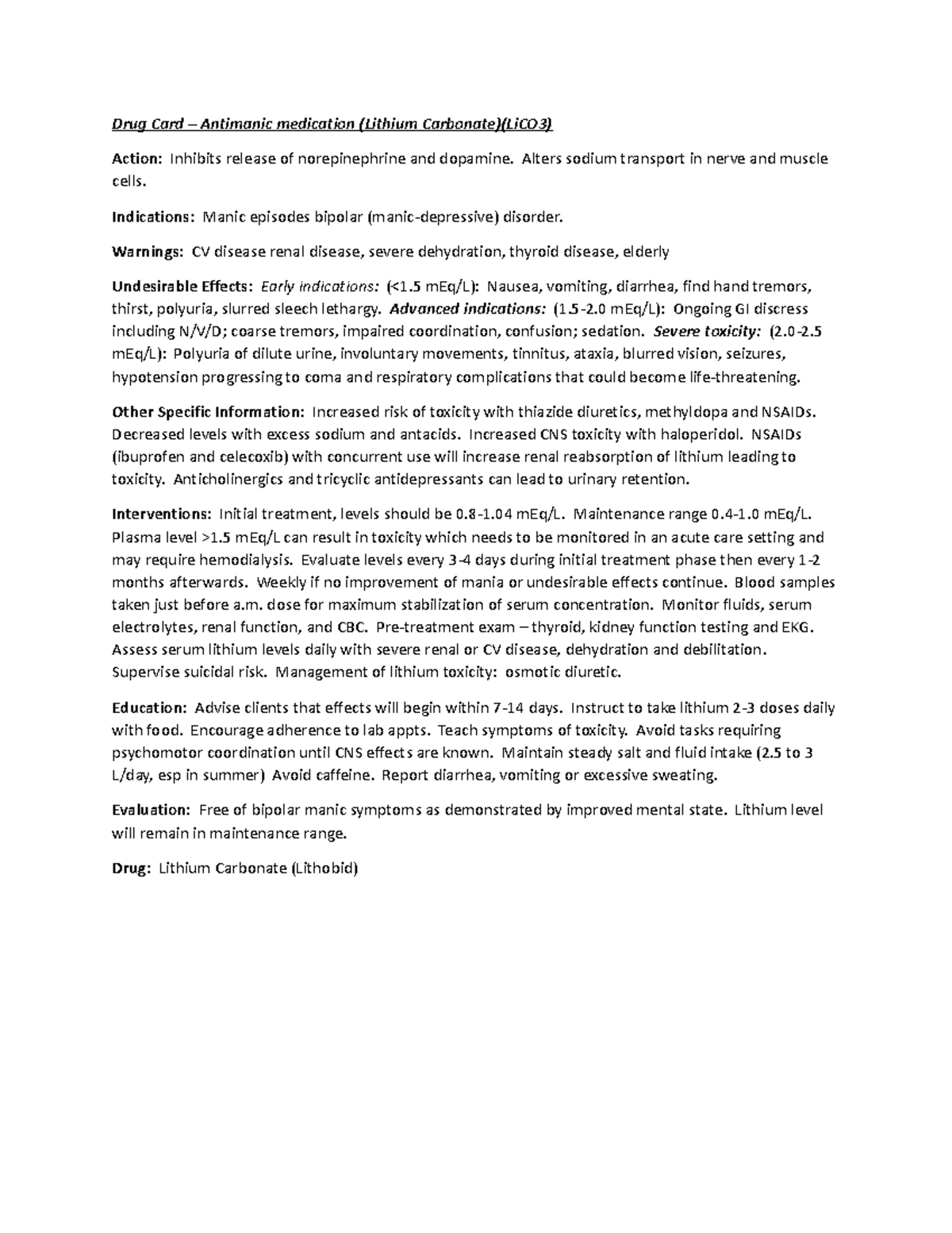 Drug Card Lithium Carbonate - Copy - Drug Card – Antimanic medication ...