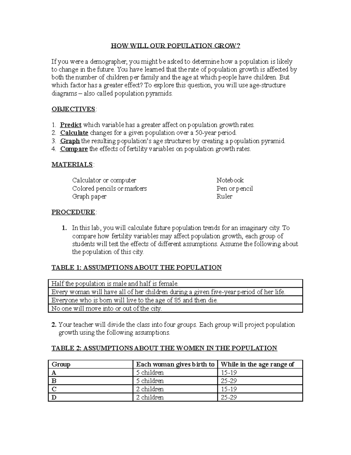 How will our population grow lab - HOW WILL OUR POPULATION GROW? If you ...