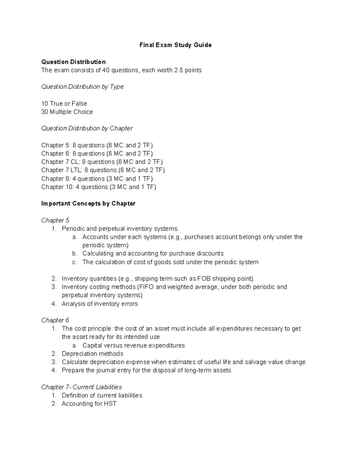 Final Exam Study Guide - Final Exam Study Guide Question Distribution ...