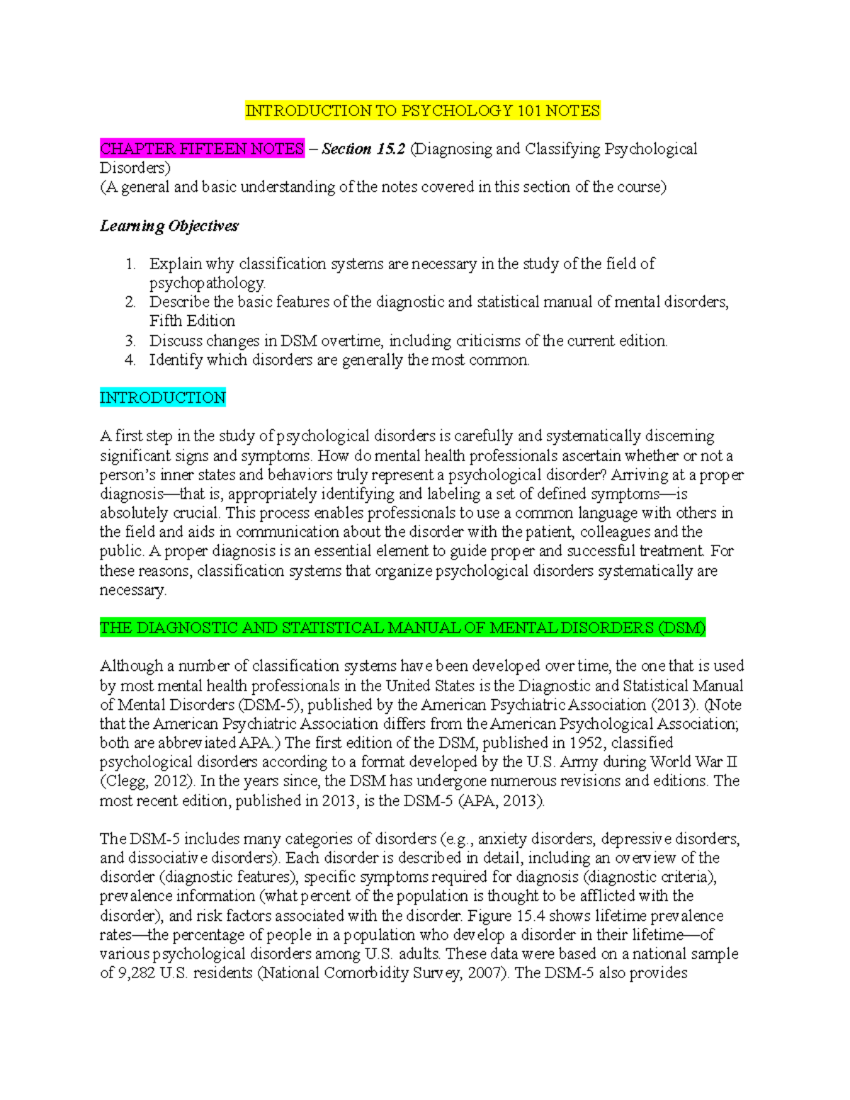 Introduction TO Psychology 101 Notes Chapter Fifteen Part Two ...