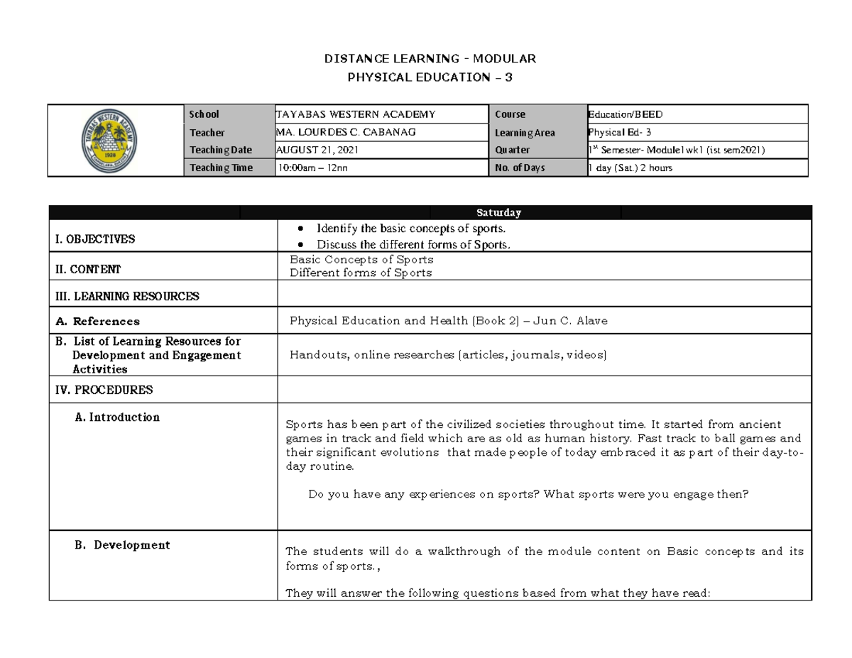 Modules for Physical Ed 3 1 module 1wk1 ist sem2021 - DISTANCE LEARNING ...