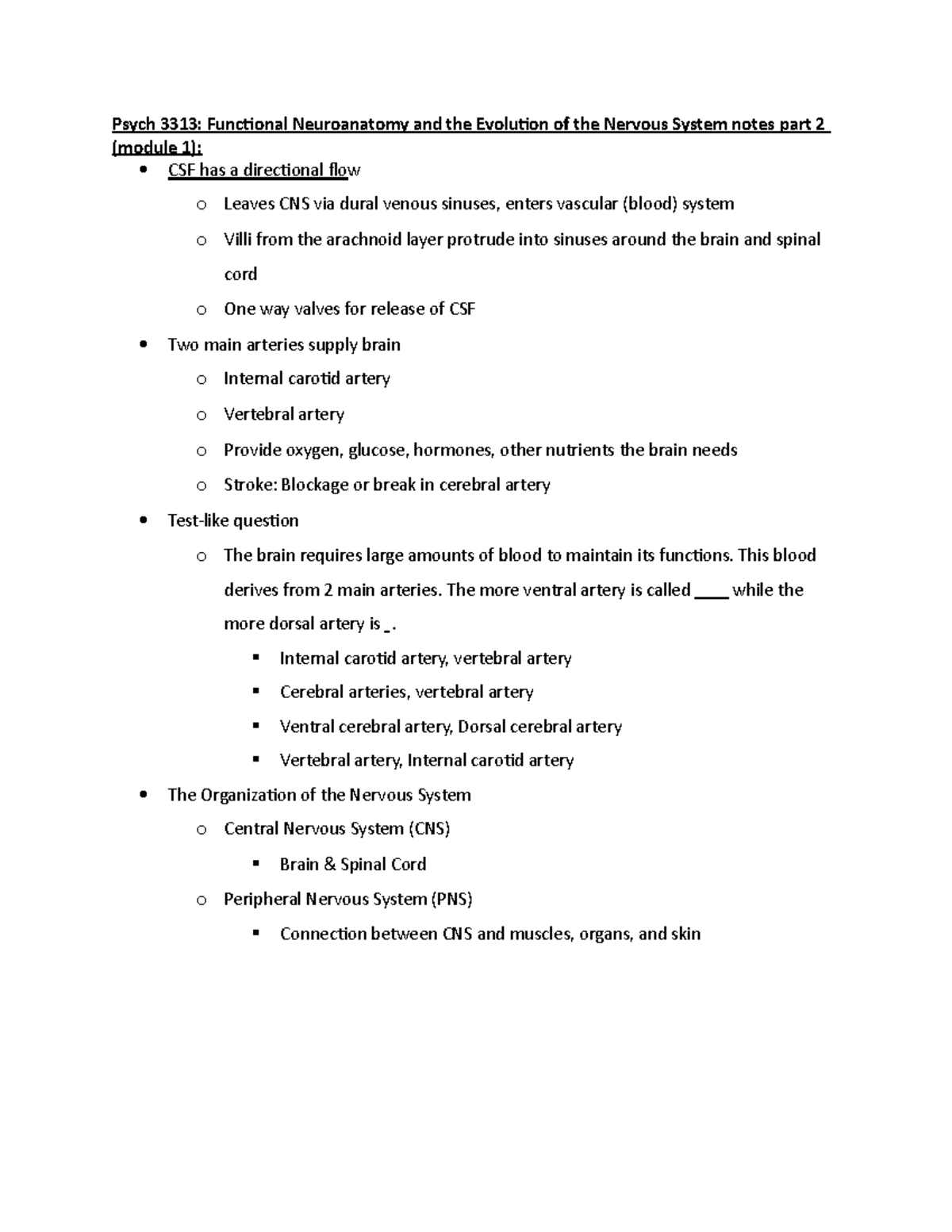 Psych 3313 Functional Neuroanatomy and the Evolution of the Nervous ...