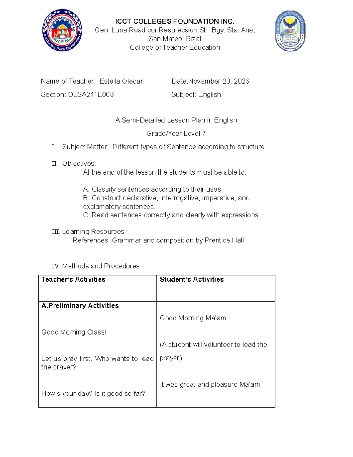 Lesson-PLAN- Oledan- Estella - ICCT COLLEGES FOUNDATION INC. Gen. Luna ...