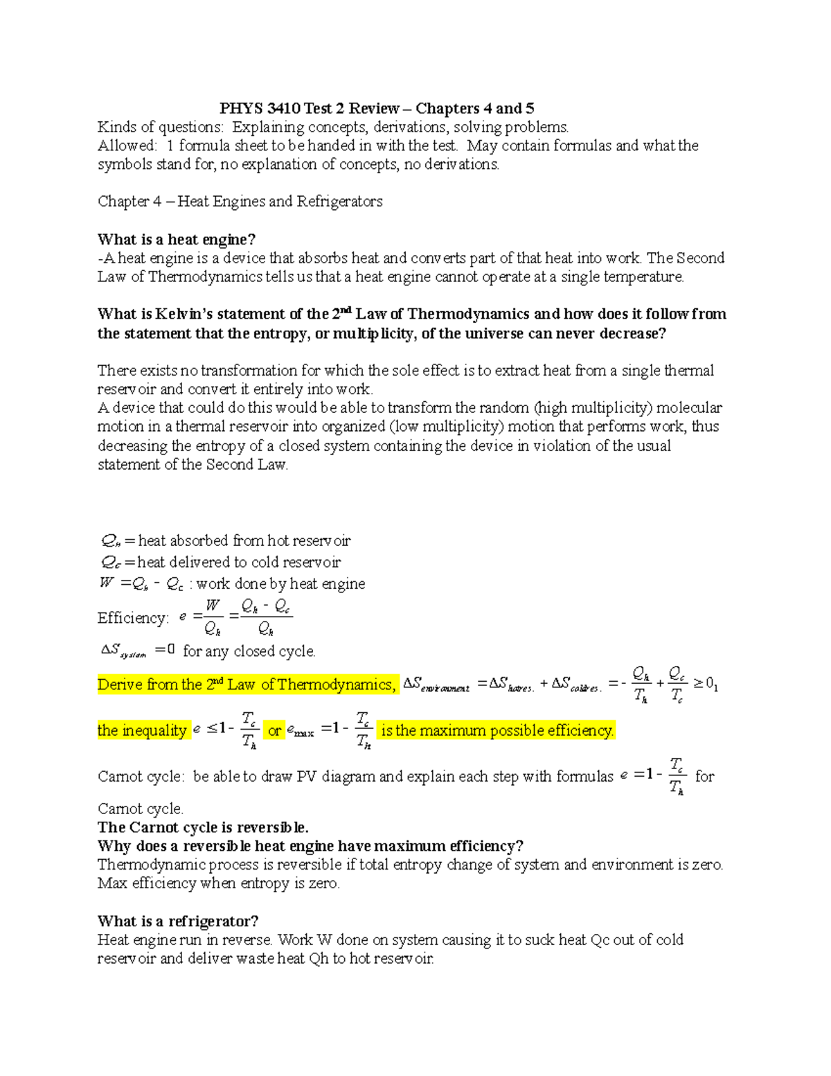 Thermo test 2 review - Lecture notes Test 2 Lectures - PHYS 3410 Test 2 ...