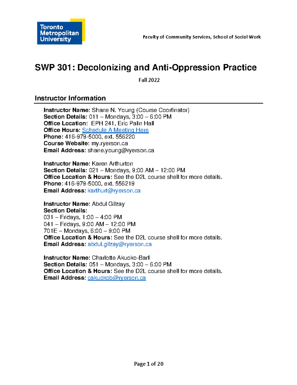 SWP301 Syllabus - Faculty of Community Services, School of Social Work ...