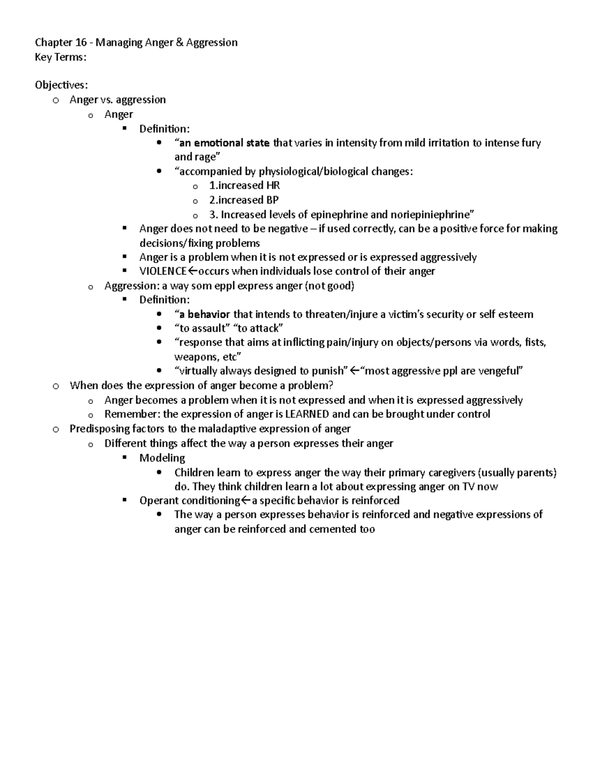 Anger Aggression - Key Terms: Objectives: o Anger vs. aggression o ...