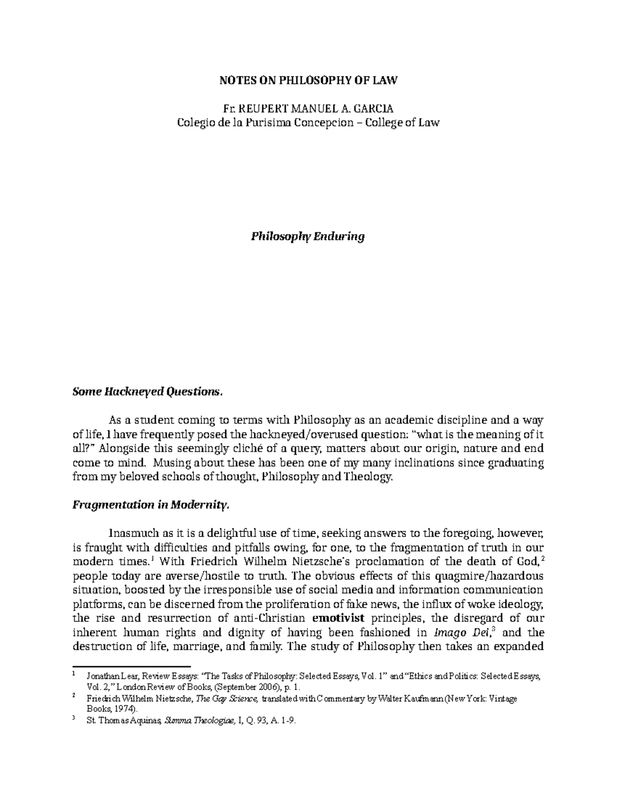 Lesson 1 Philo of Law - none - NOTES ON PHILOSOPHY OF LAW Fr. REUPERT ...