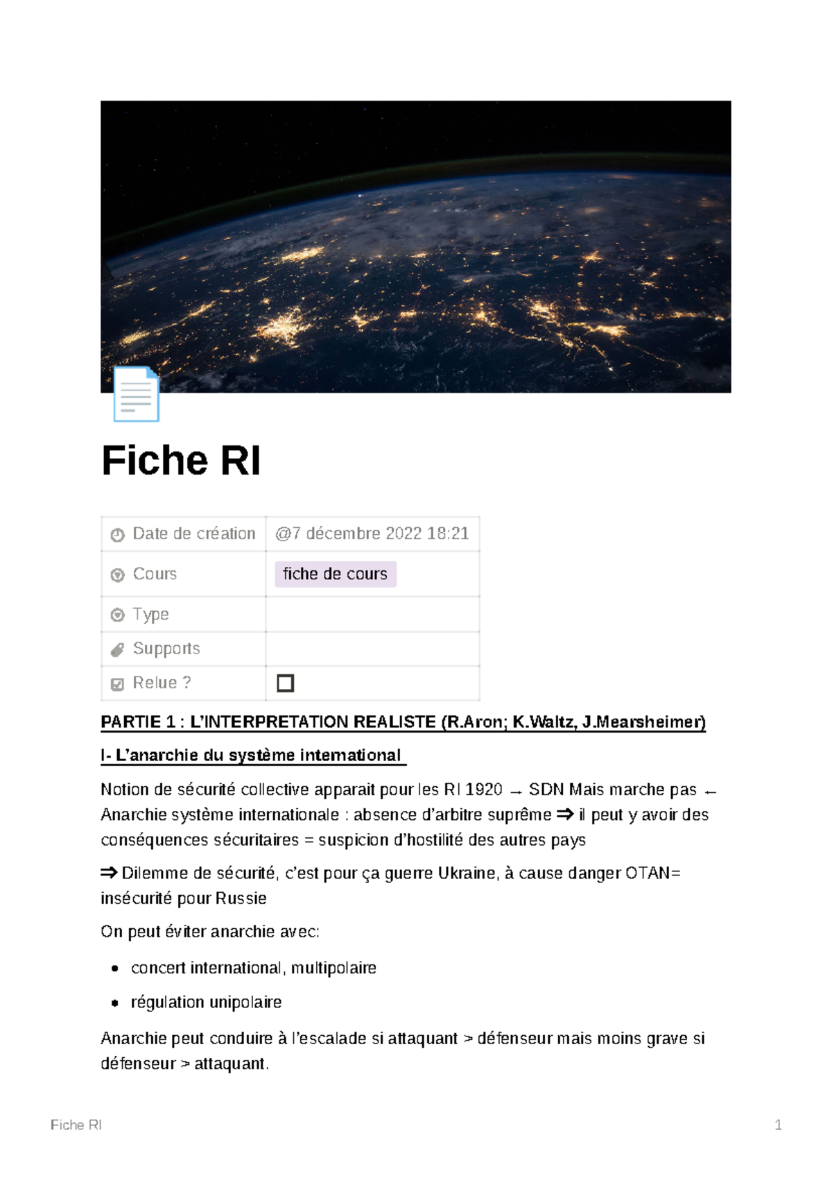 Fiche RI - Résumé Relations internationales - 📄 Fiche RI Date de ...